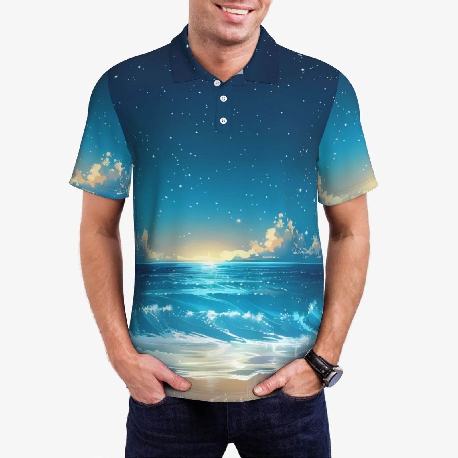 Daiia Night Sky Beach Scene Pattern Men’s Polo Shirts,Solid Deck Shirt ...