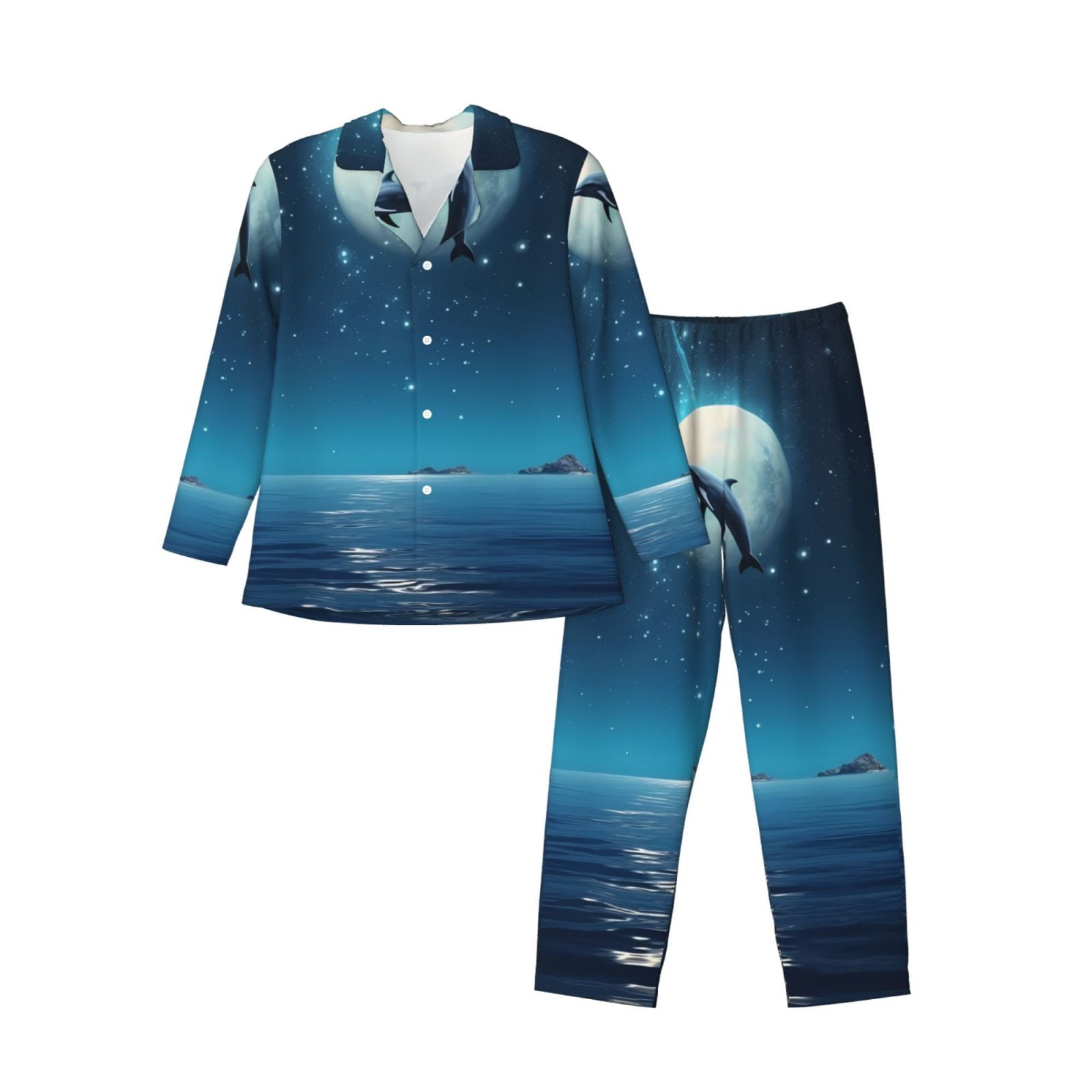 Daiia Night Sky Moon Dolphin for Men's Long-Sleeved Pajama Set – Soft ...