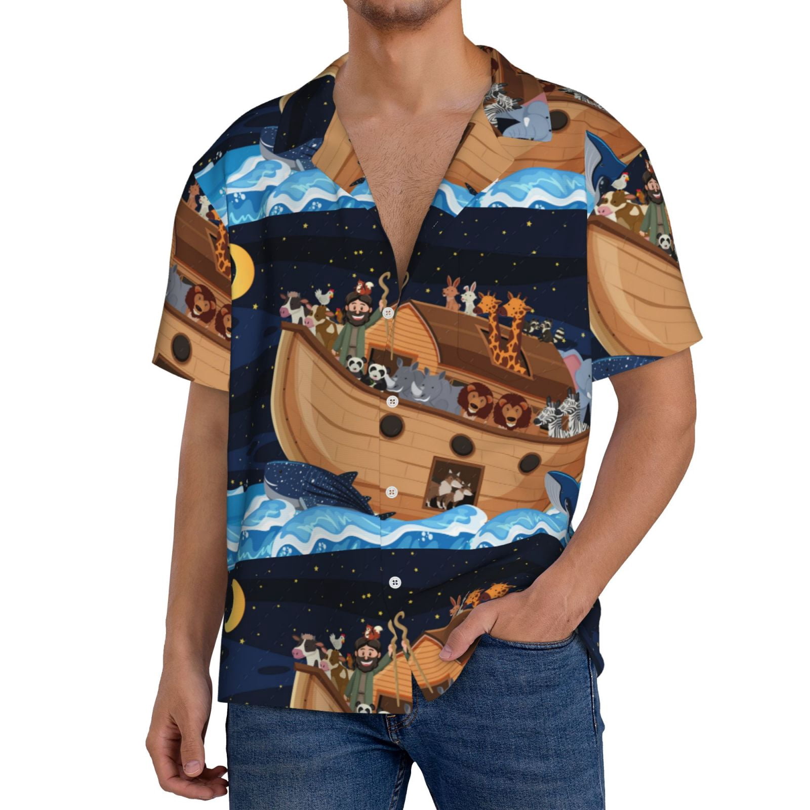 Daiia Ocean Scene with Noah's Ark Men's Linen Shirts Short Sleeve ...