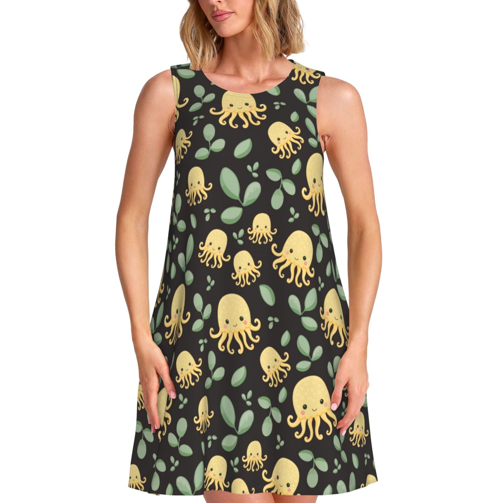 Daiia Octopuses And Leaves Print Women's Dresses 2025 Trendy Short ...