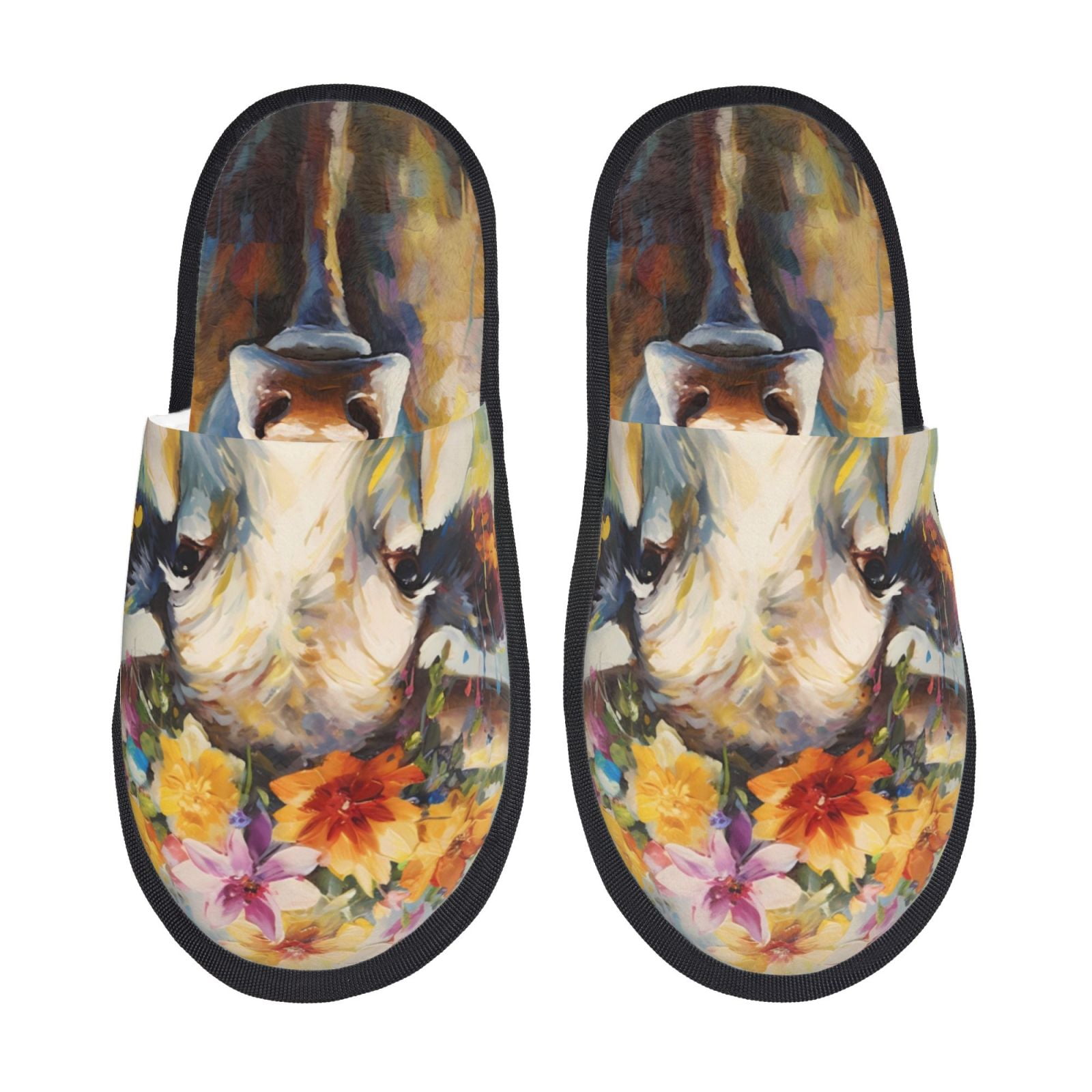 Daiia Oil Painting Flower Cow Pattern Furry Slippers for Women and Men ...