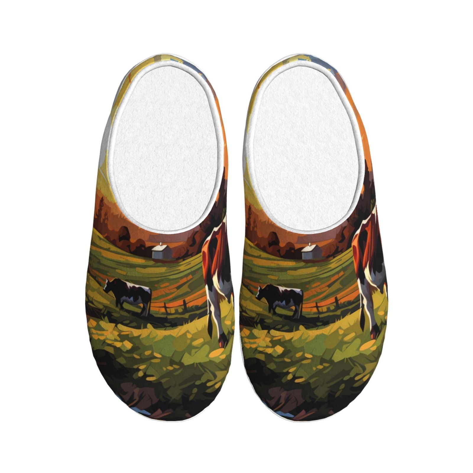 Daiia Oil Painting Style Pasture Cow Print Women’s Fuzzy Slippers ...