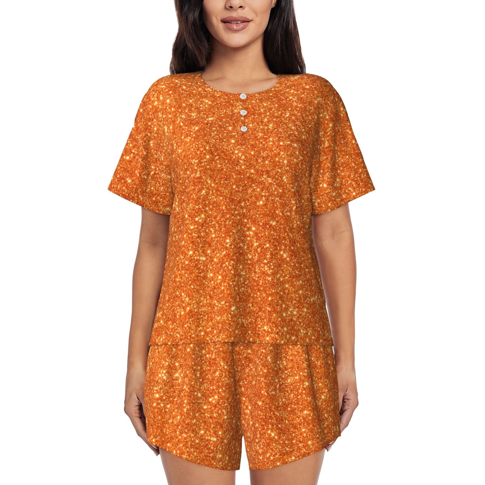 Daiia Orange Glitter Pattern Womens Pajama Sets Short Sleeve Pajamas ...