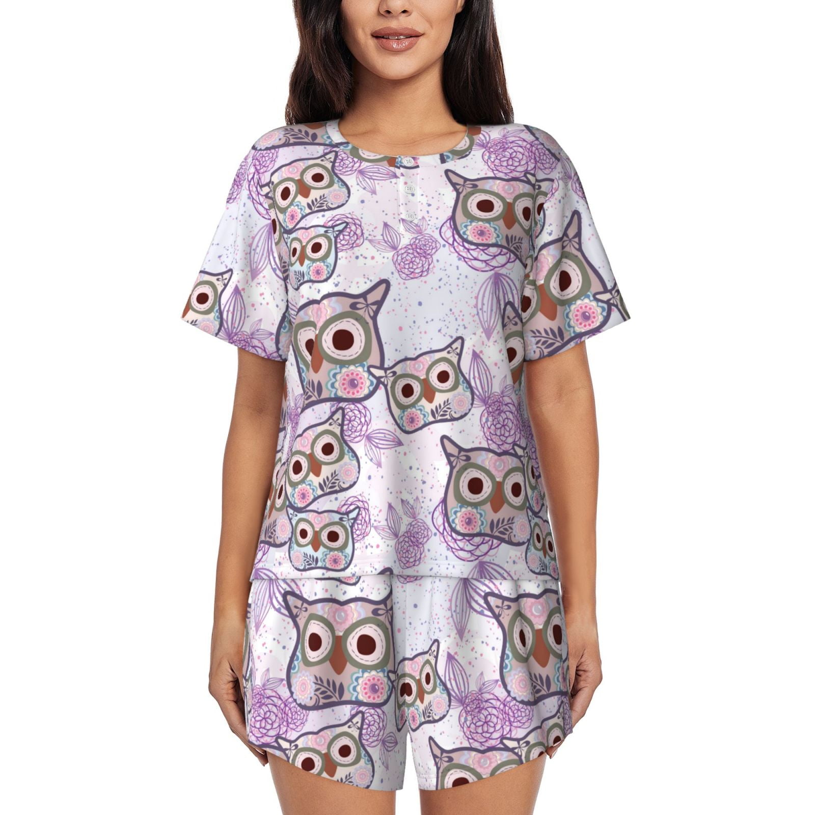 Daiia Owl And Floral Pattern Womens Pajama Sets Short Sleeve Pajamas ...
