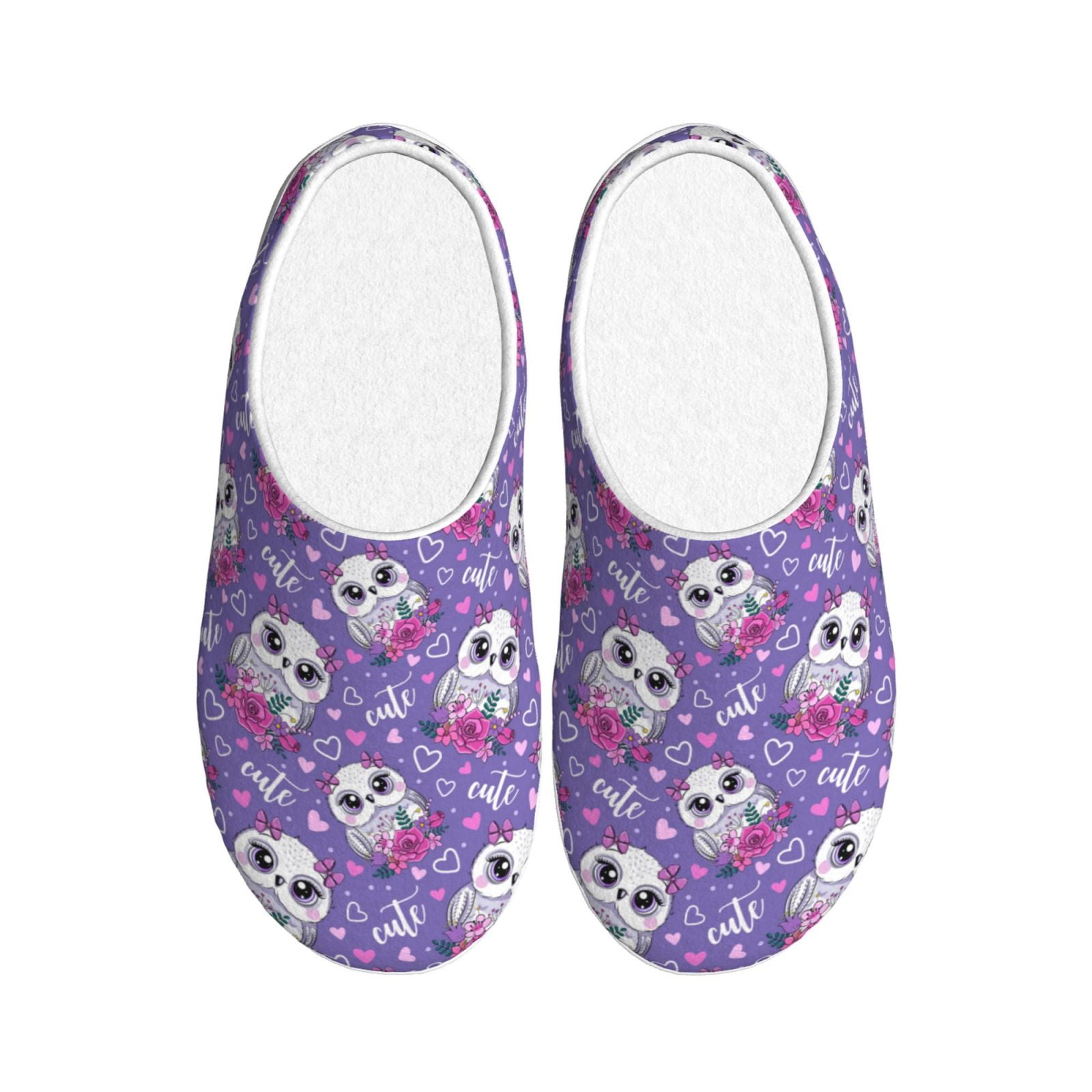 Daiia Owl And Flowers Print Women’s Fuzzy Slippers Memory Foam ...