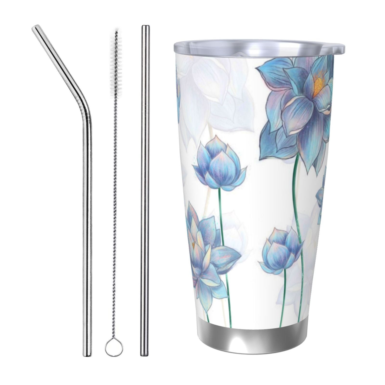 Daiia Pale Blue Lotus Flowers Printed 20oz Insulated Coffee Cup with ...