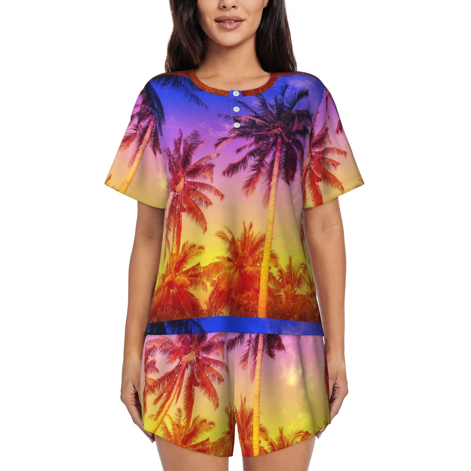Daiia Palm Trees at Sunset Pattern Womens Pajama Sets Short Sleeve Pajamas for Women Sets Soft ...