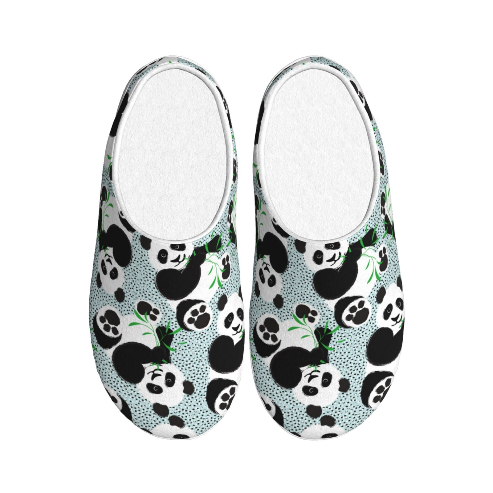 Daiia Panda And Eucalyptus Print Women’s Fuzzy Slippers Memory Foam ...