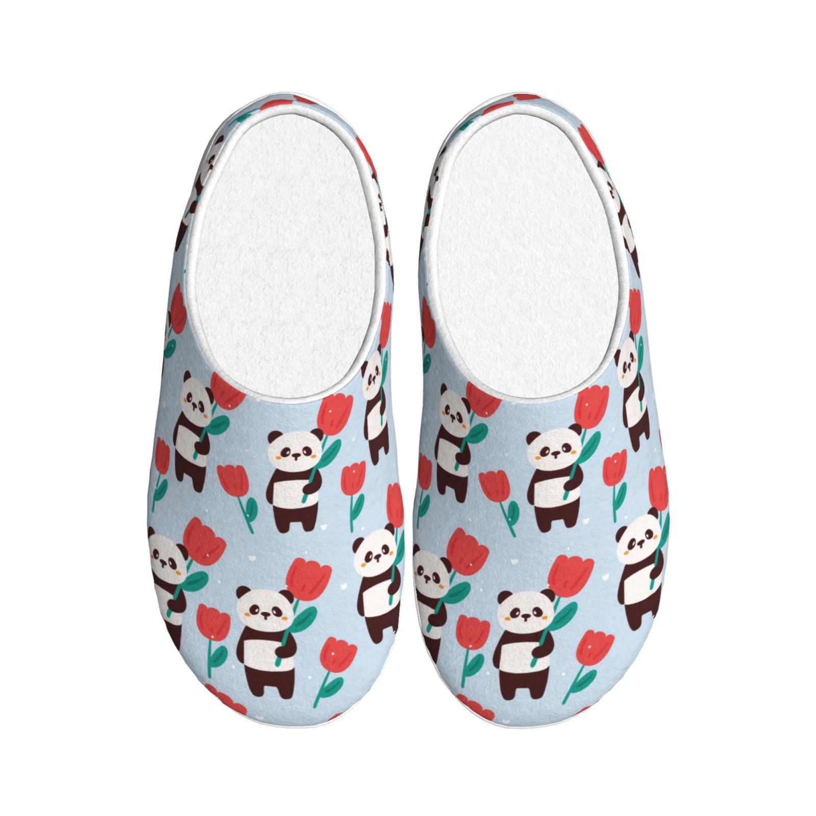 Daiia Panda And Rose Print Women’s Fuzzy Slippers Memory Foam ...