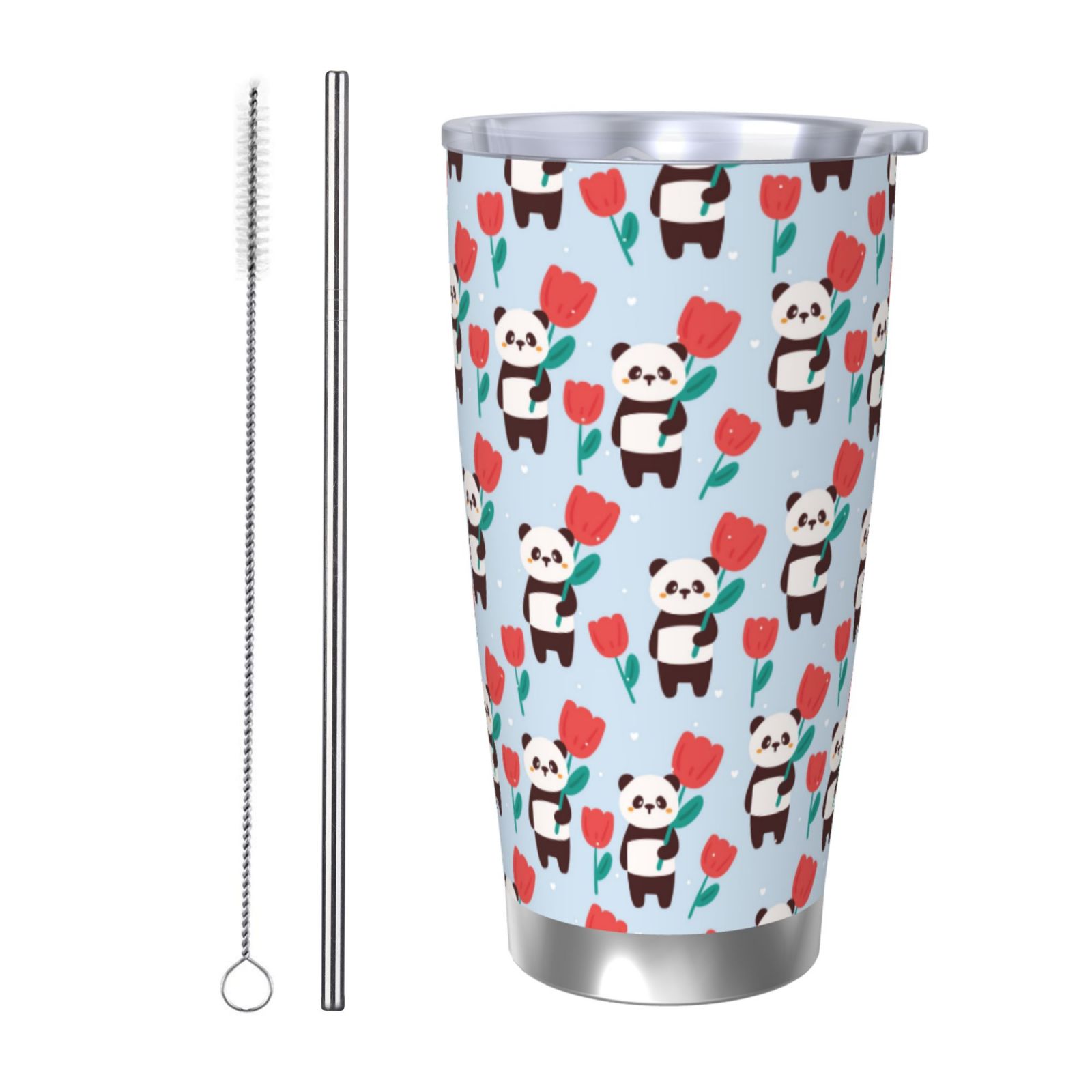 Daiia Panda And Rose Printed 20oz Insulated Coffee Cup with Straw Topper, Fully Spill Proof ...