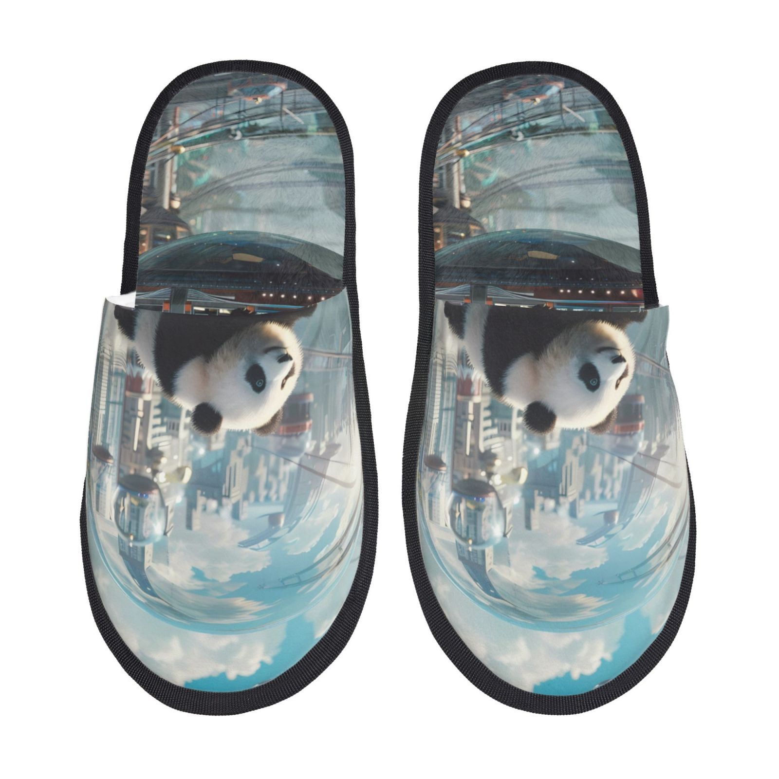 Daiia Panda In Futuristic City Pattern Furry Slippers for Women and Men ...