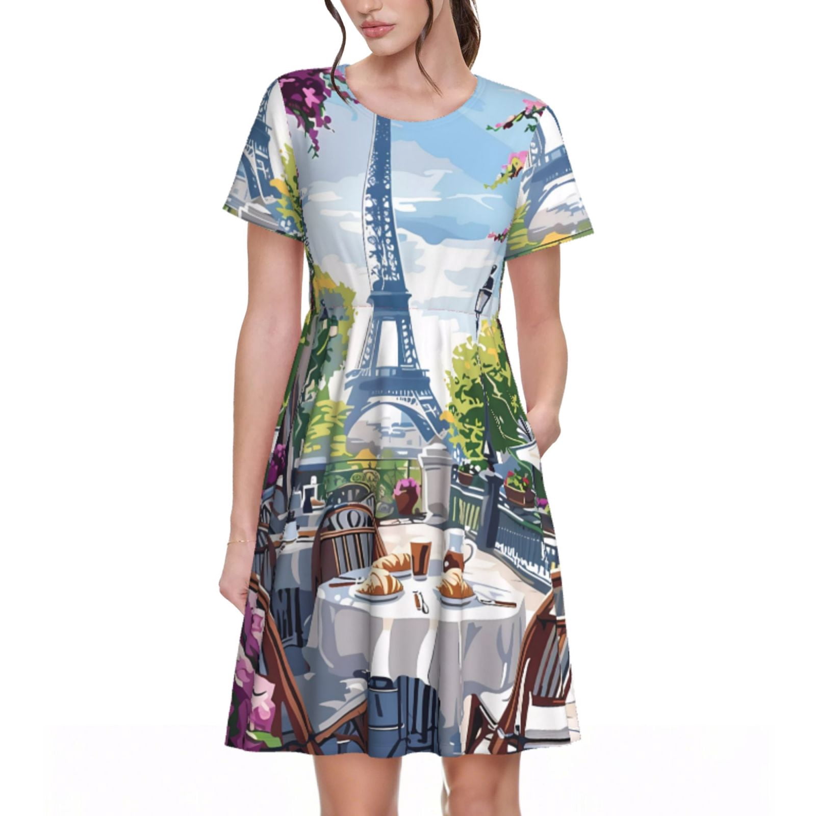 Daiia Parisian Cafe With Eiffel Print Women's Dresses 2025 Trendy Short ...