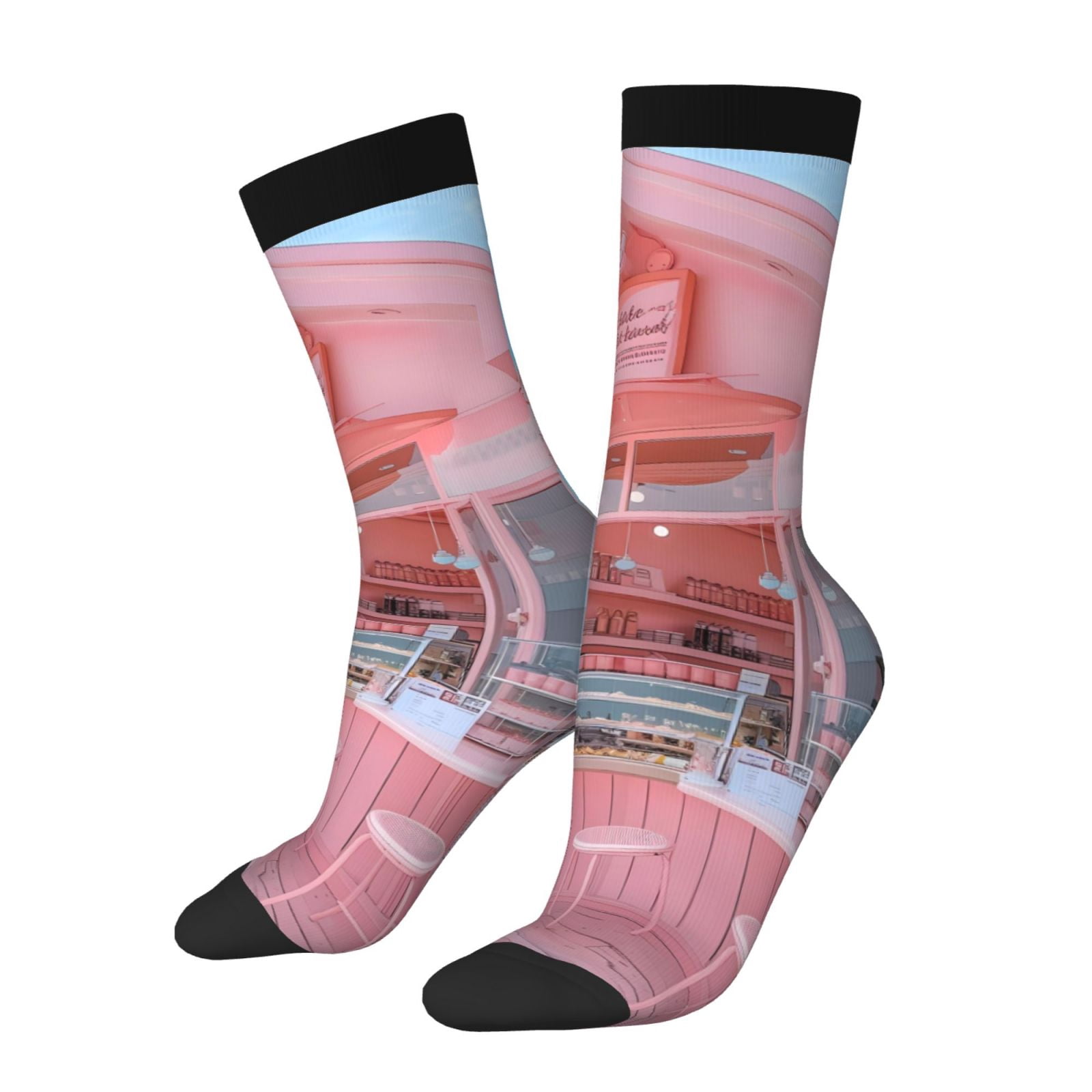Daiia Pastel Pink Beach Cafe Print Crew Socks – Soft Breathable Long ...