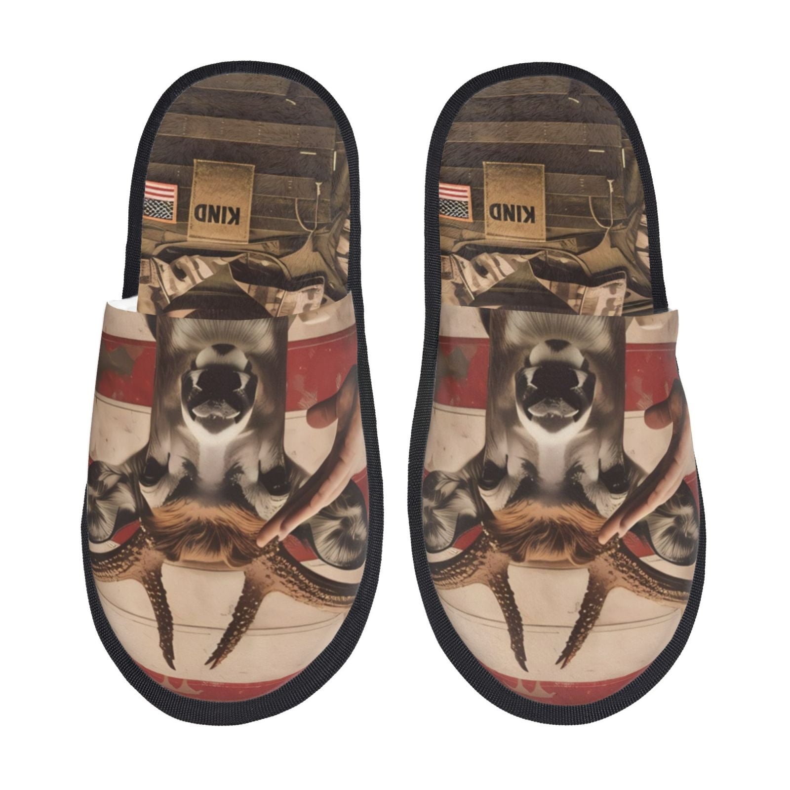 Daiia Patriotic Deer Soldier Salute Pattern Furry Slippers for Women ...