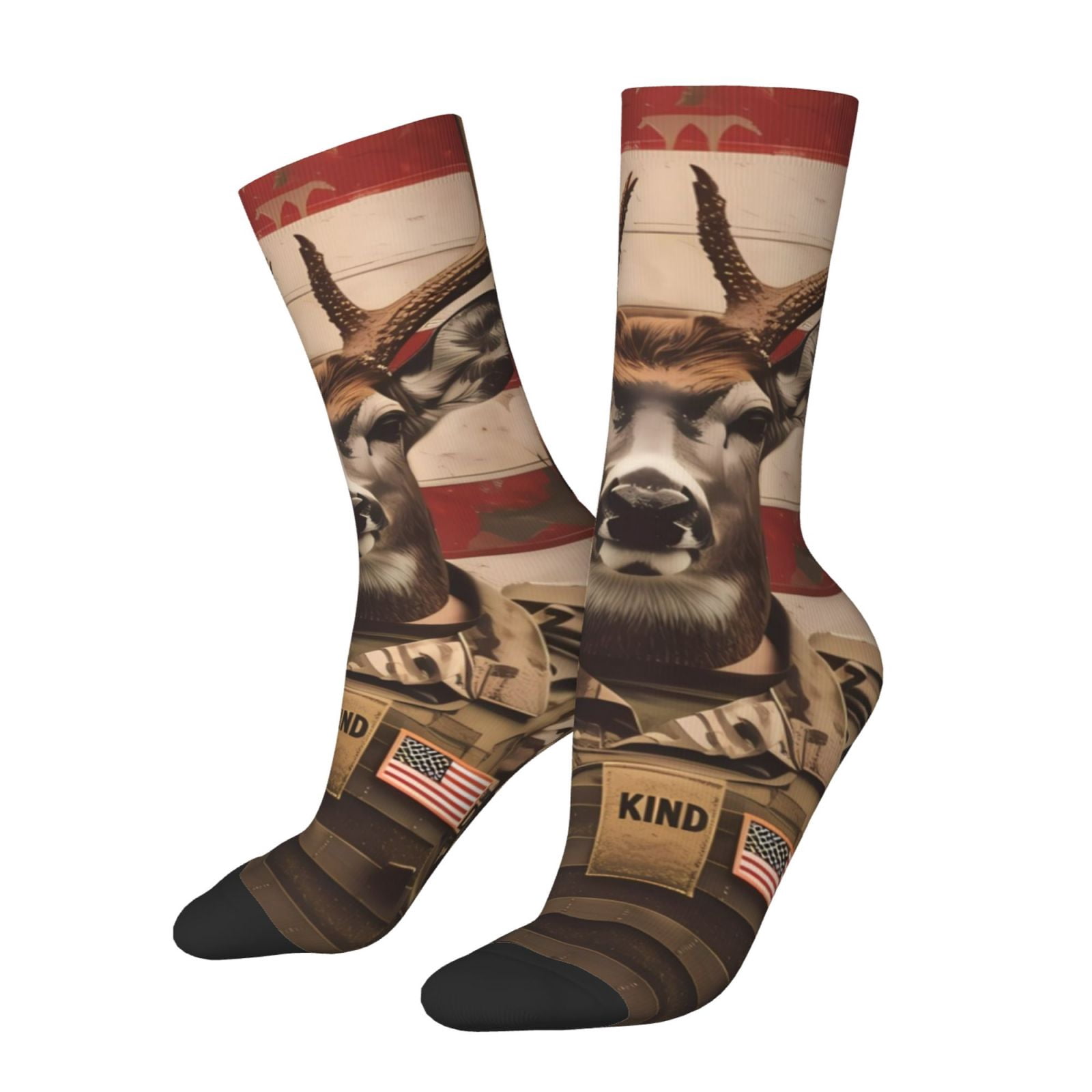 Daiia Patriotic Deer Soldier Salute Print Crew Socks – Soft Breathable ...