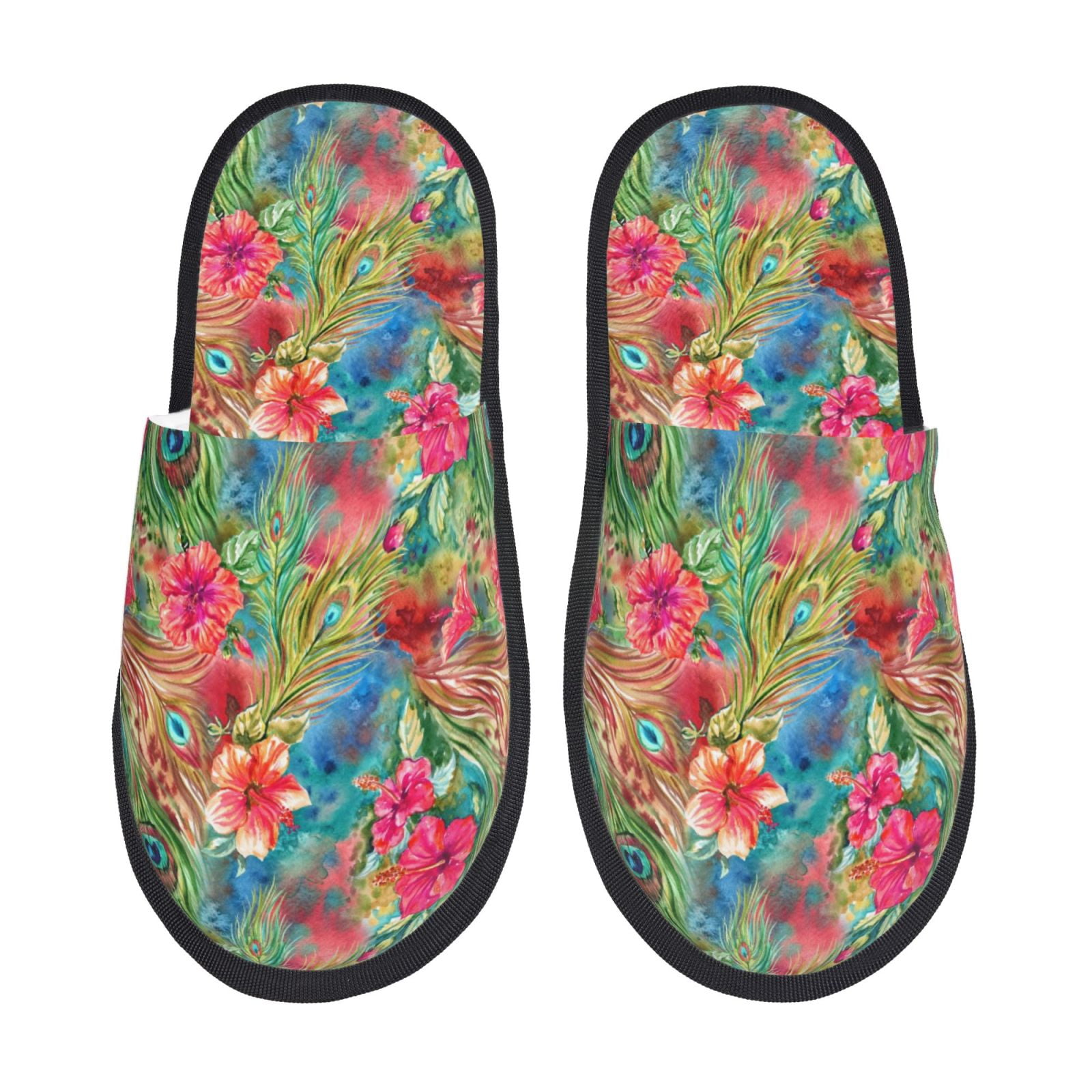 Daiia Peacock Feathers And Flowers Pattern Furry Slippers for Women and ...