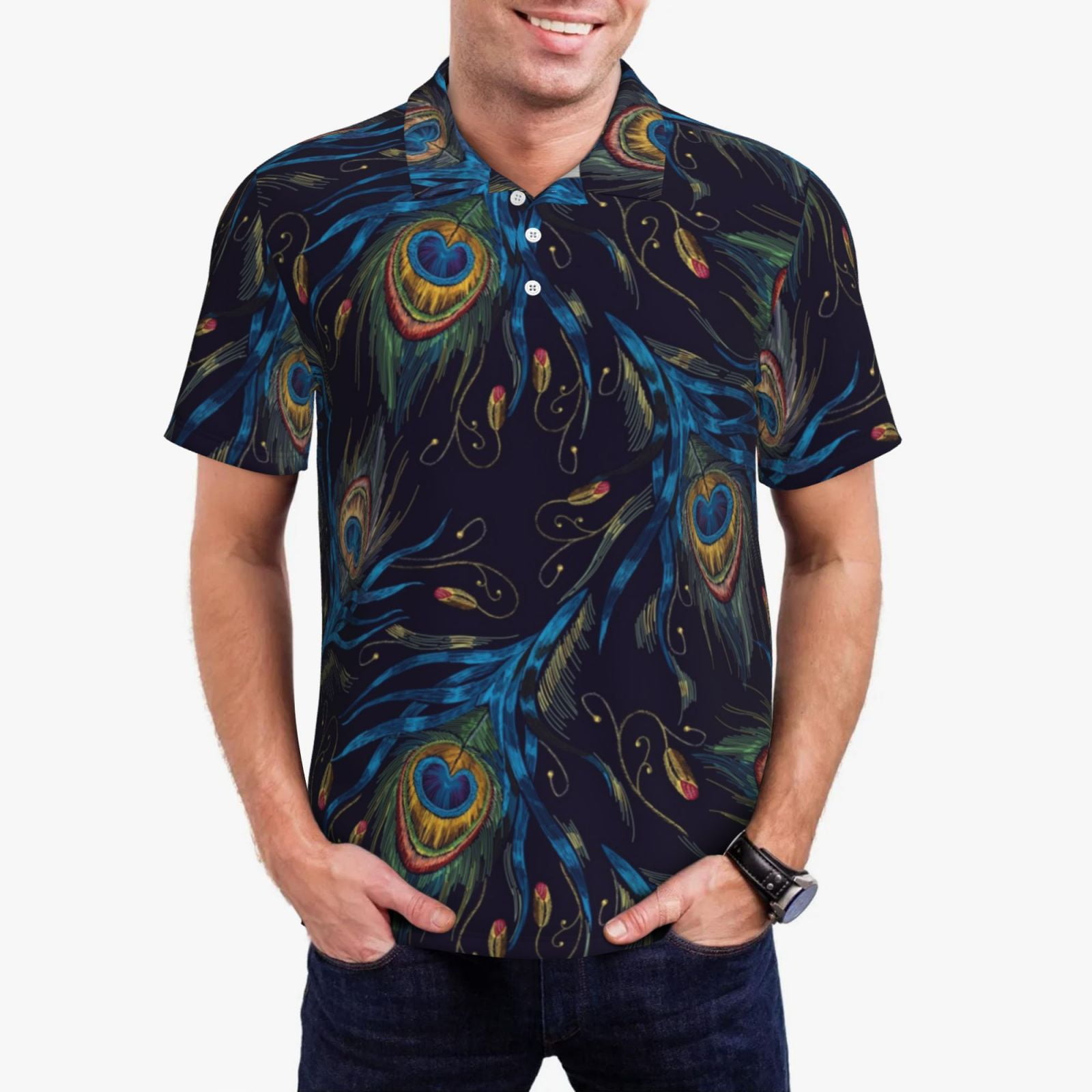 Daiia Peacock Feathers Pattern Men’s Polo Shirts,Solid Deck Shirt ...