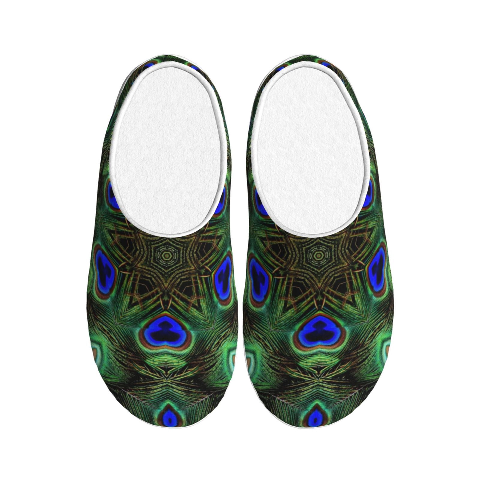 Daiia Peacock Feathers Print Women’s Fuzzy Slippers Memory Foam ...