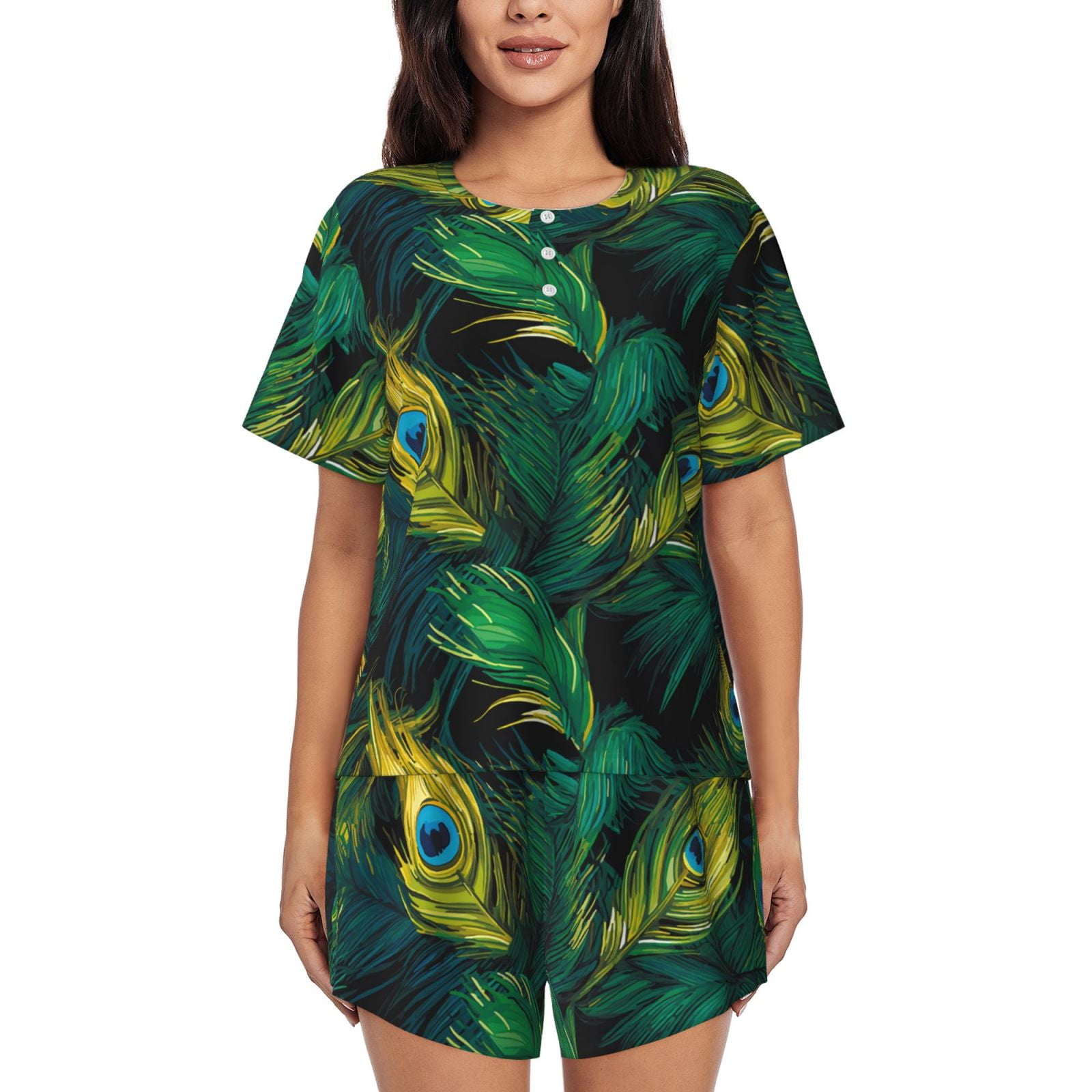 Daiia Peacock Feathers2 Pattern Womens Pajama Sets Short Sleeve Pajamas ...