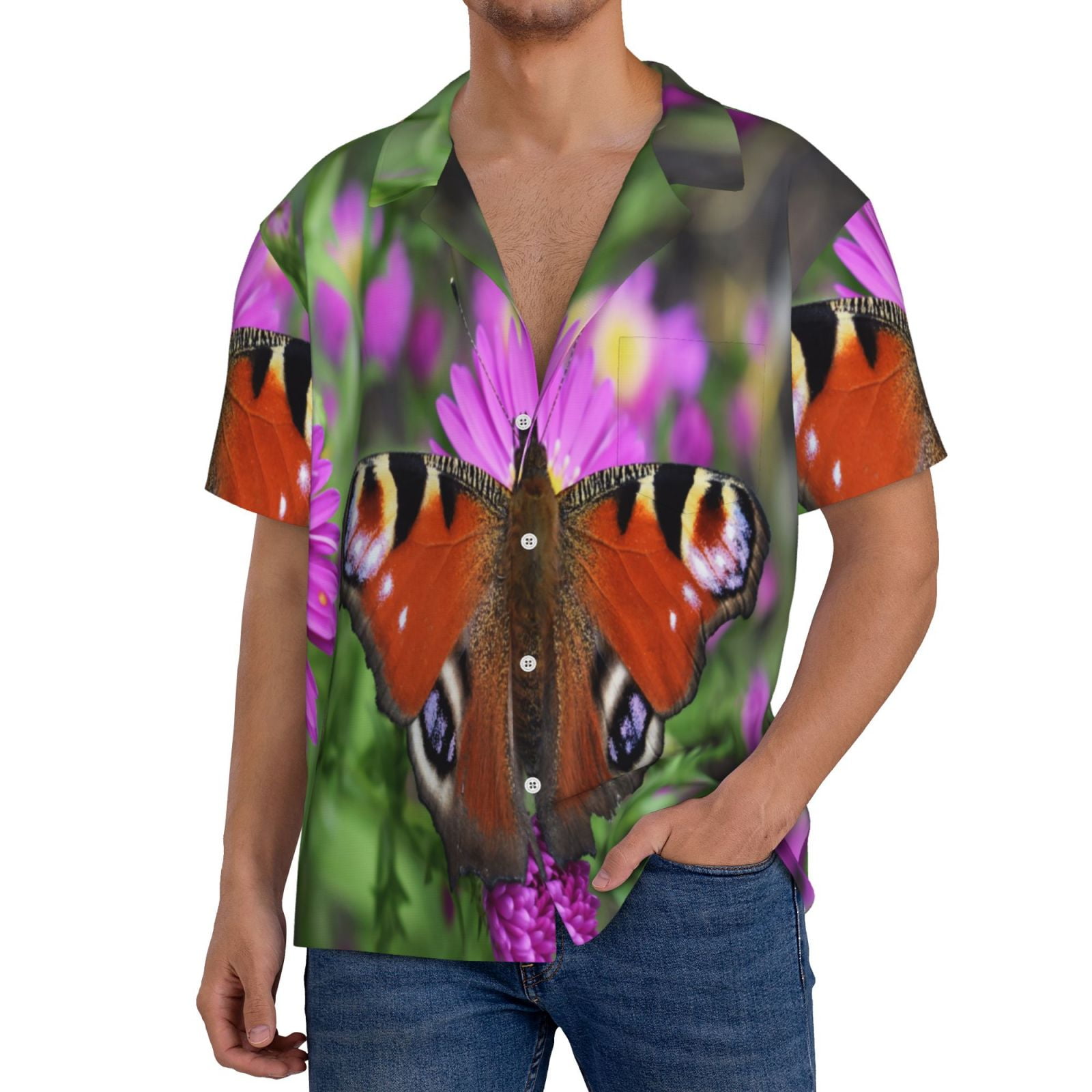 Daiia Peacock butterfly Pattern Men's Linen Shirts Short Sleeve Casual ...