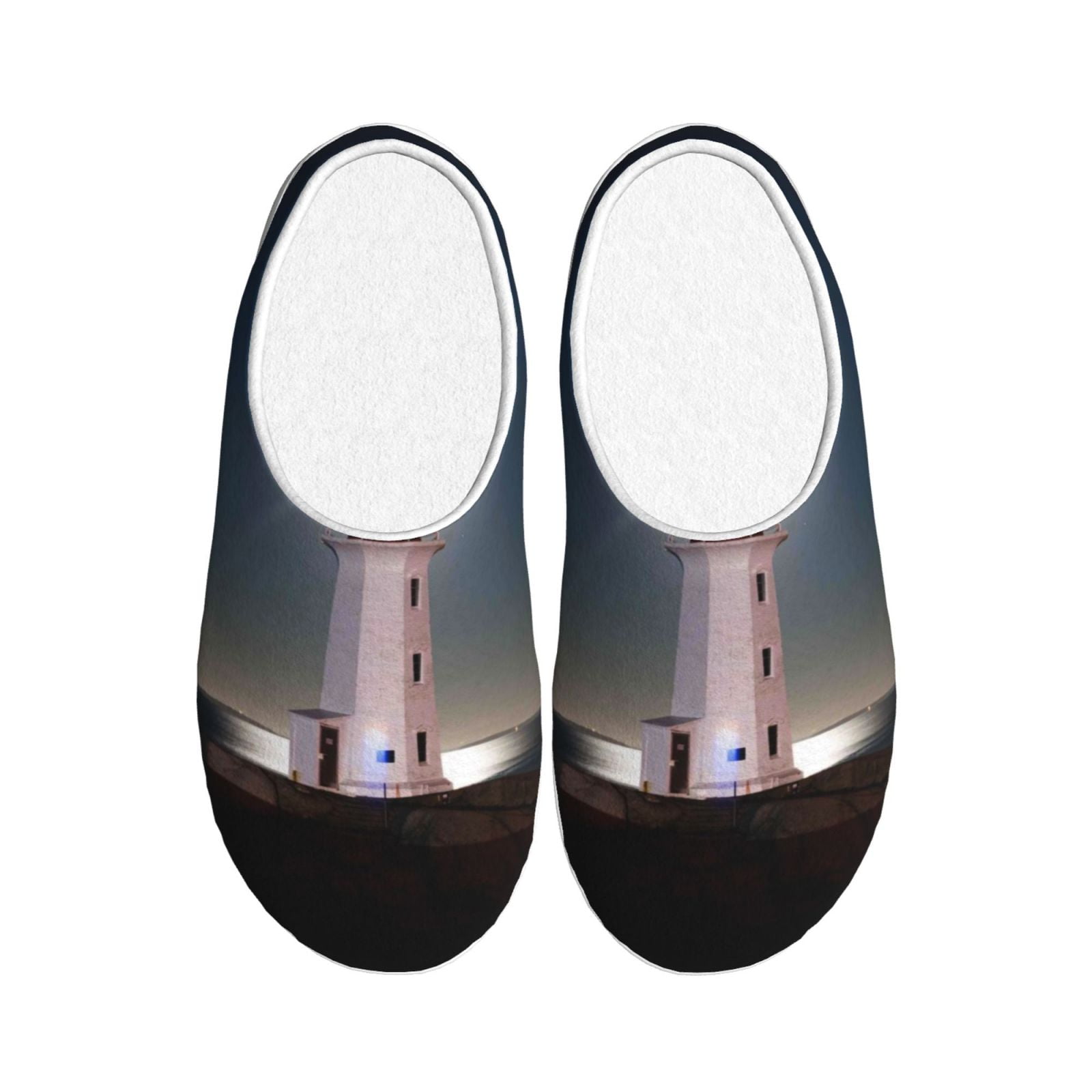 Daiia Peggy's Cove Lighthouse Print Women’s Fuzzy Slippers Memory Foam ...