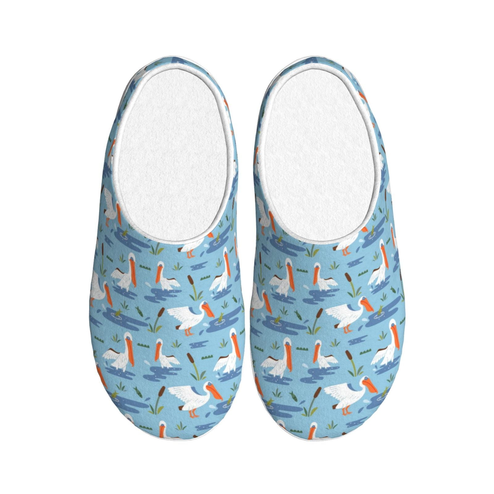 Daiia Pelican Reed And Fish Print Women’s Fuzzy Slippers Memory Foam ...
