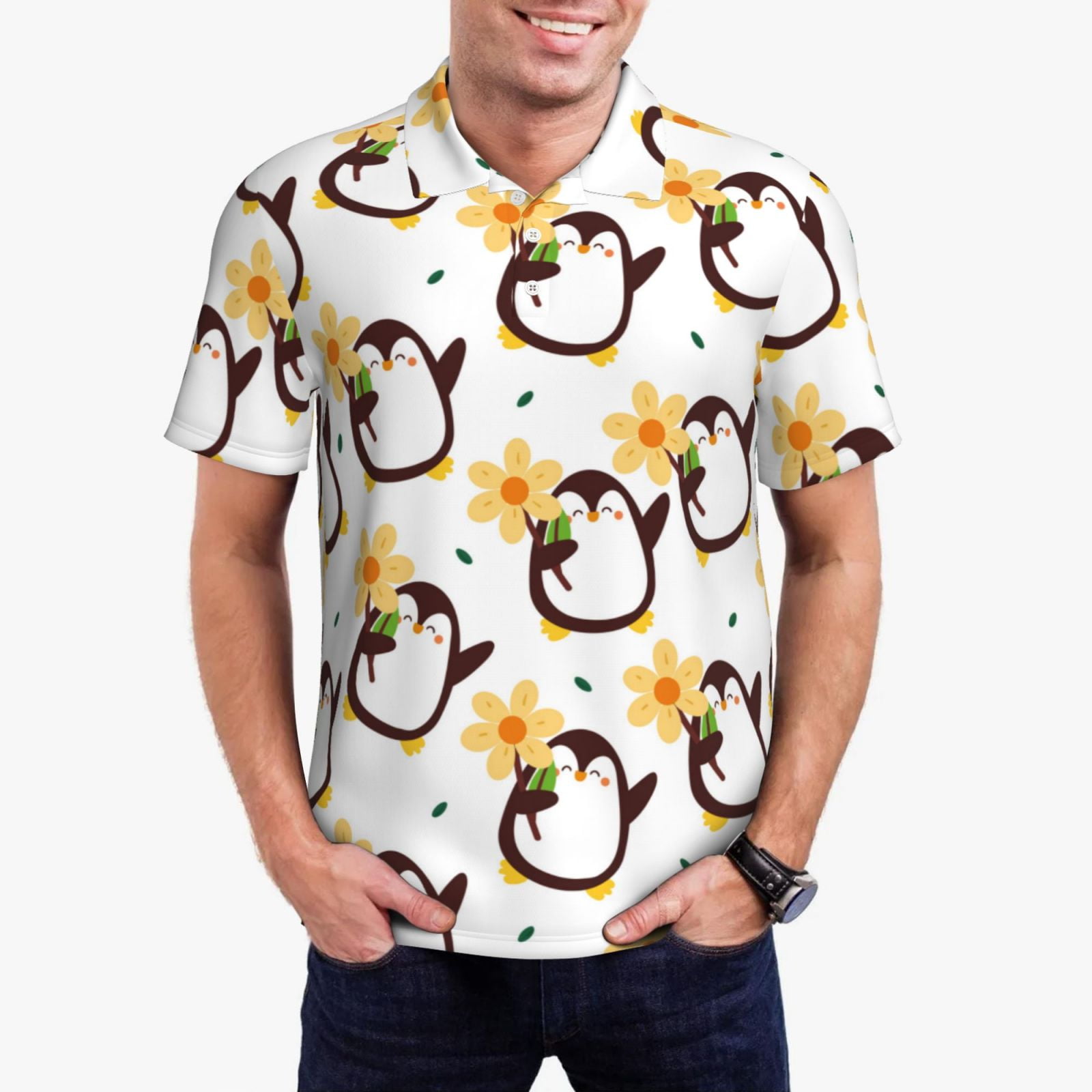 Daiia Penguin With Flowers Pattern Men’s Polo Shirts,Solid Deck Shirt ...