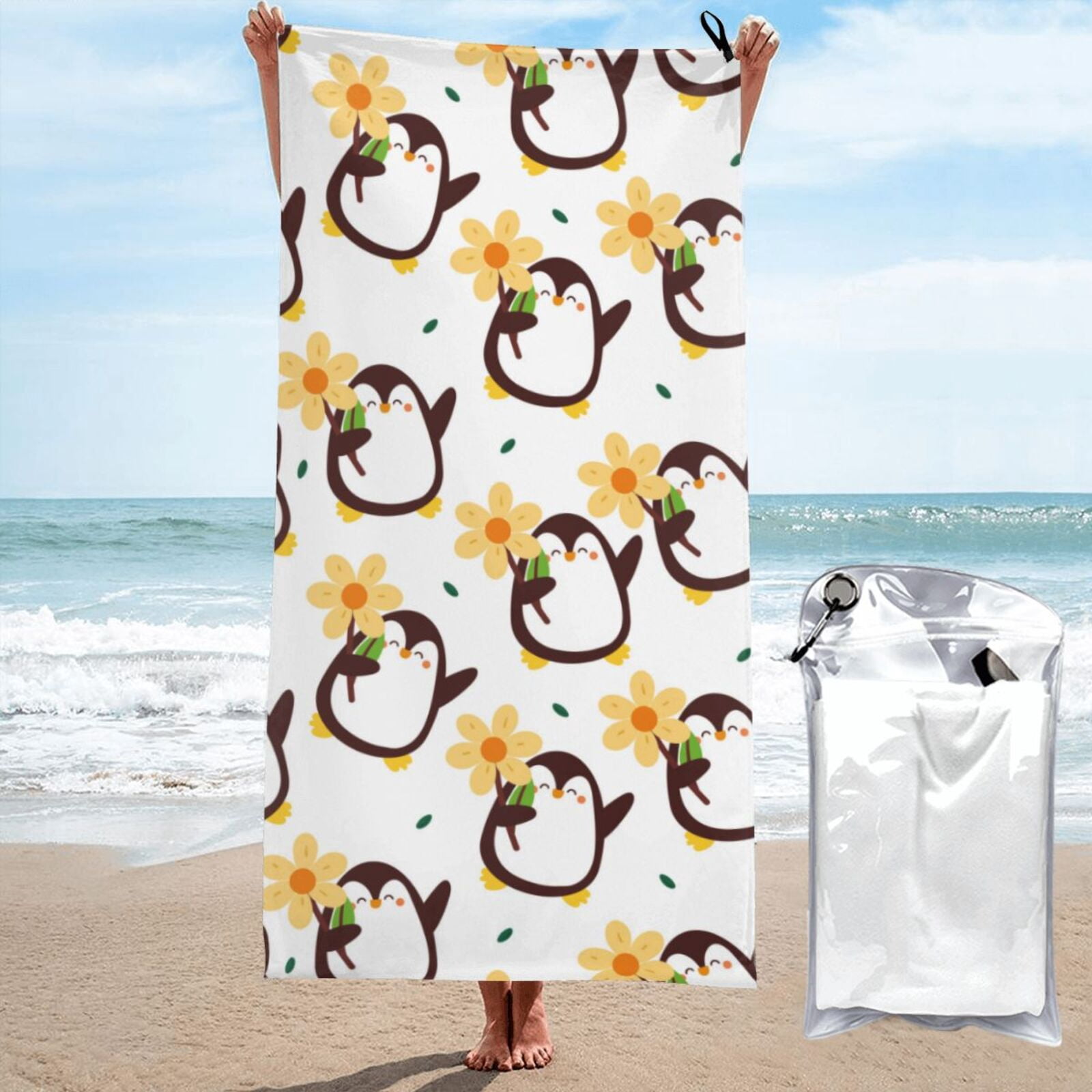 Daiia Penguin With Flowers Pattern Quick Dry Towel, Super Absorbent ...