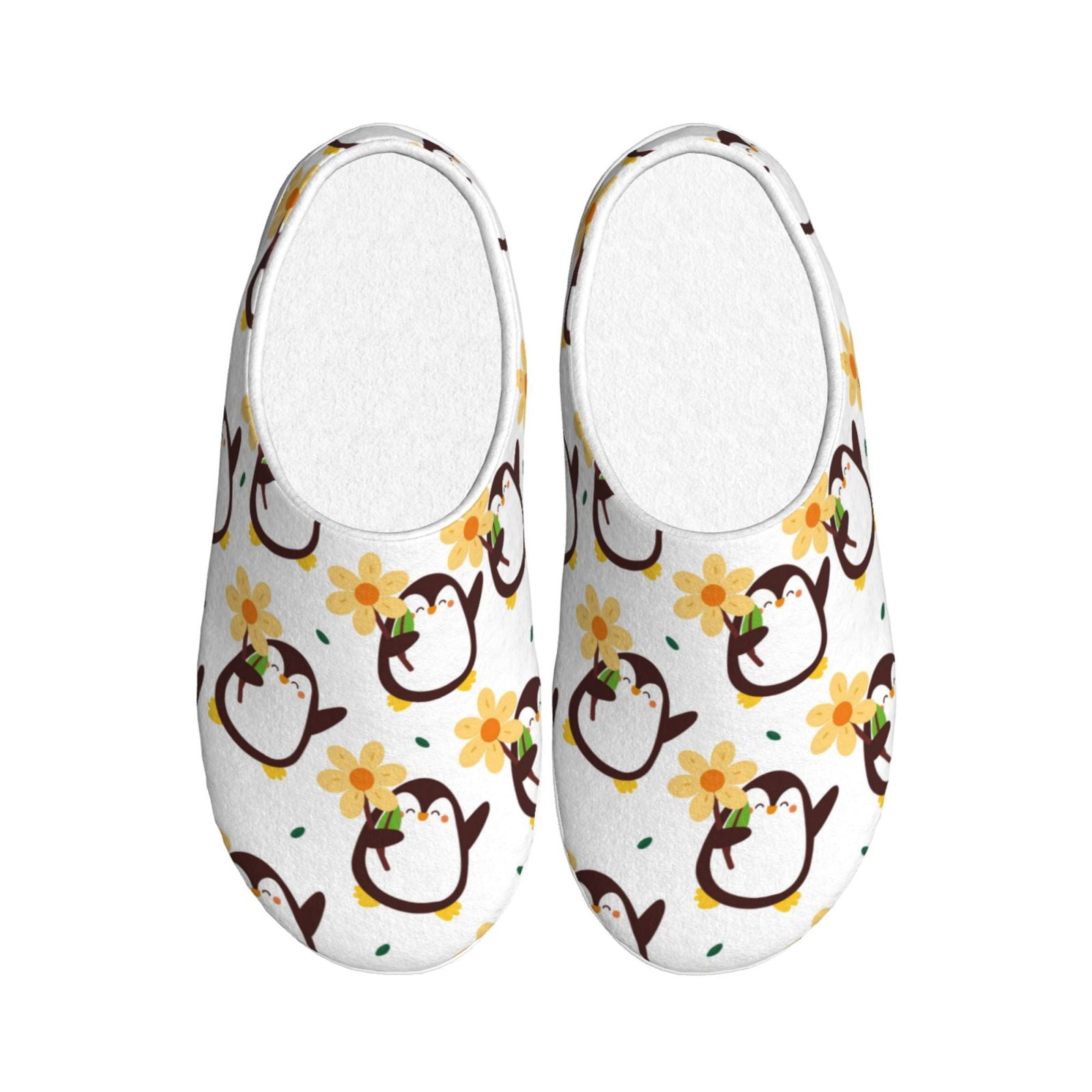 Daiia Penguin With Flowers Print Women’s Fuzzy Slippers Memory Foam ...