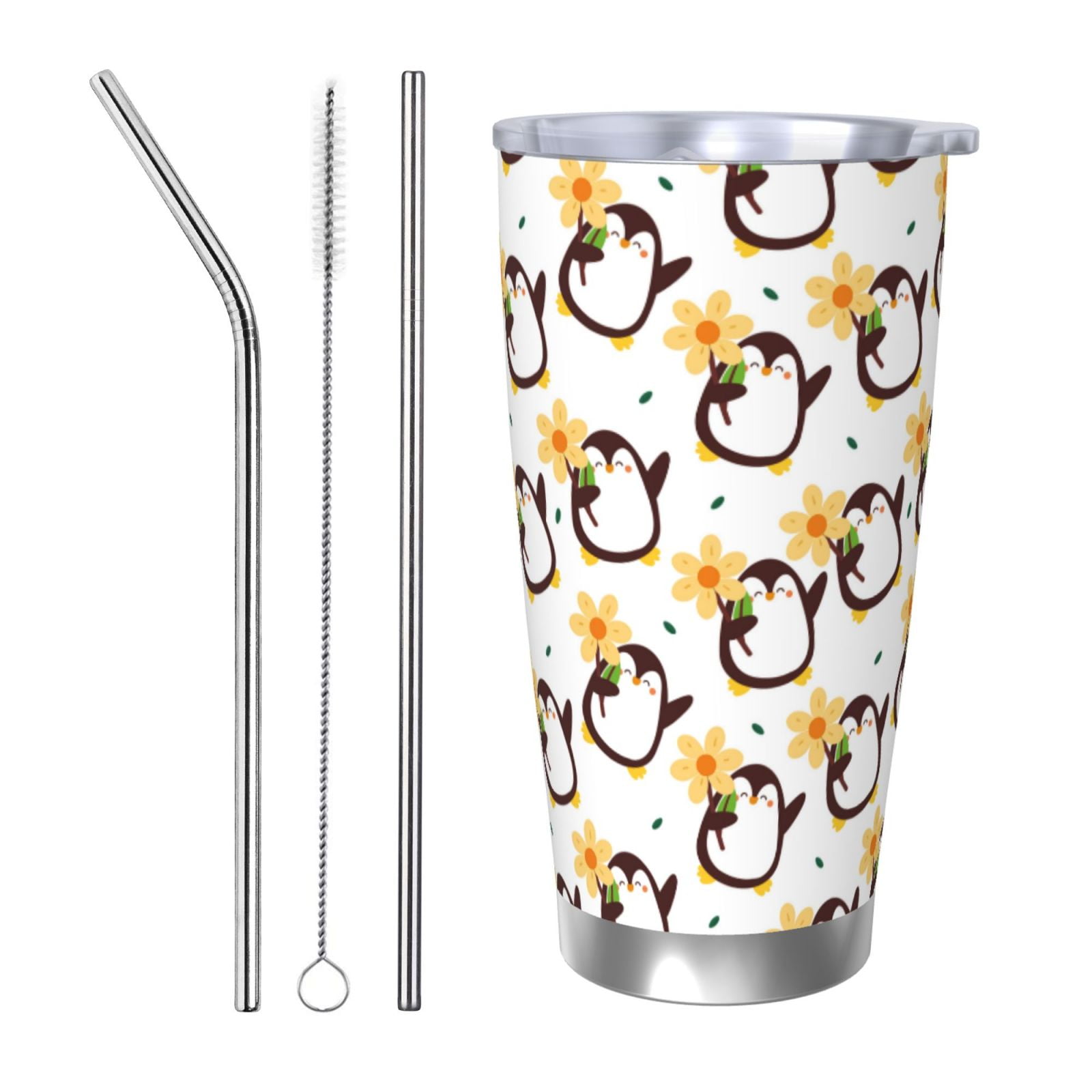 Daiia Penguin With Flowers Printed 20oz Insulated Coffee Cup with Straw ...