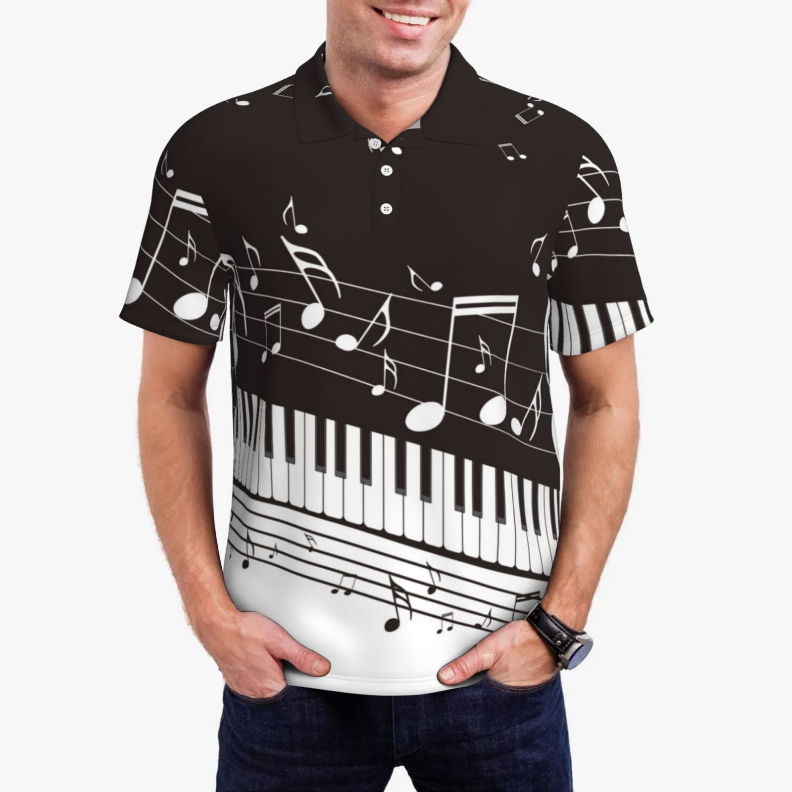 Daiia Piano Keys With Musical Notes Pattern Men’s Polo Shirts,Solid ...