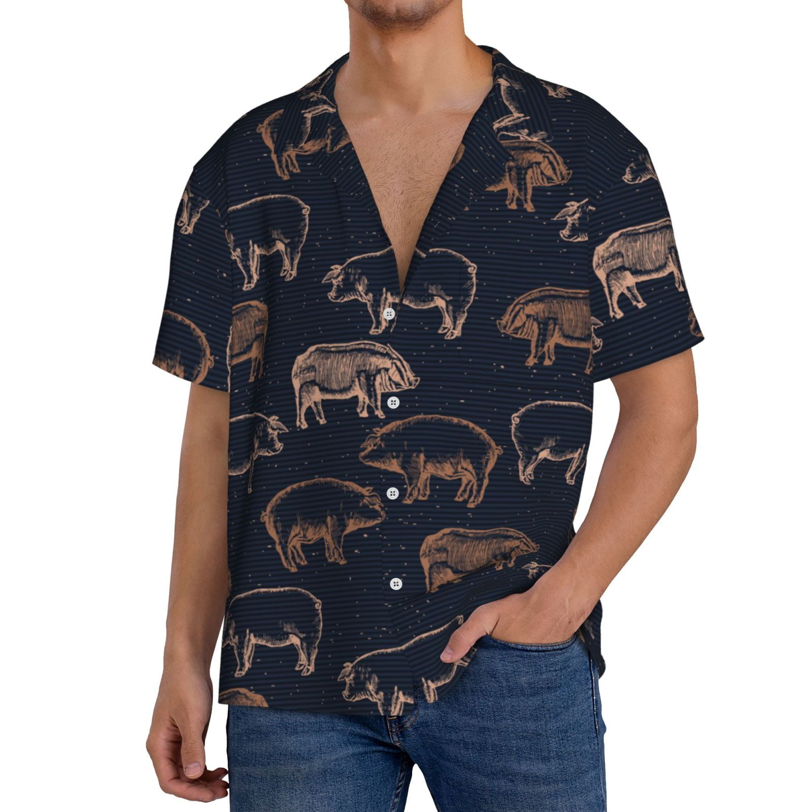 Daiia Pig Farm Men's Linen Shirts Short Sleeve Casual Shirts Button ...