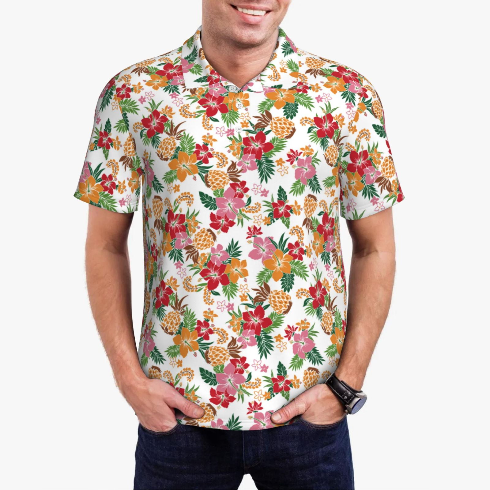 Daiia Pineapple Flower Pattern Men’s Polo Shirts,Solid Deck Shirt ...