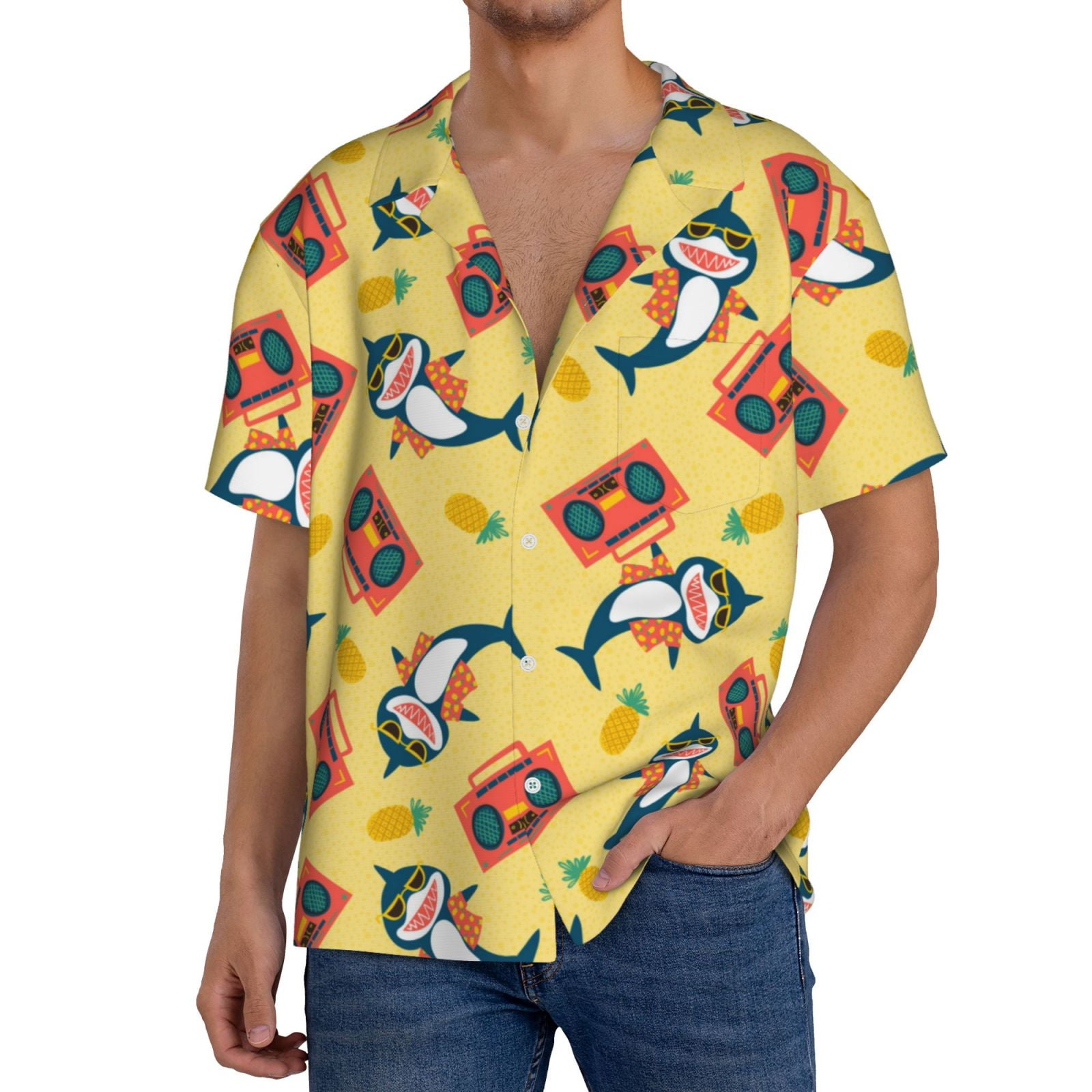 Daiia Pineapples Sharks In Hawaiian Men's Linen Shirts Short Sleeve ...