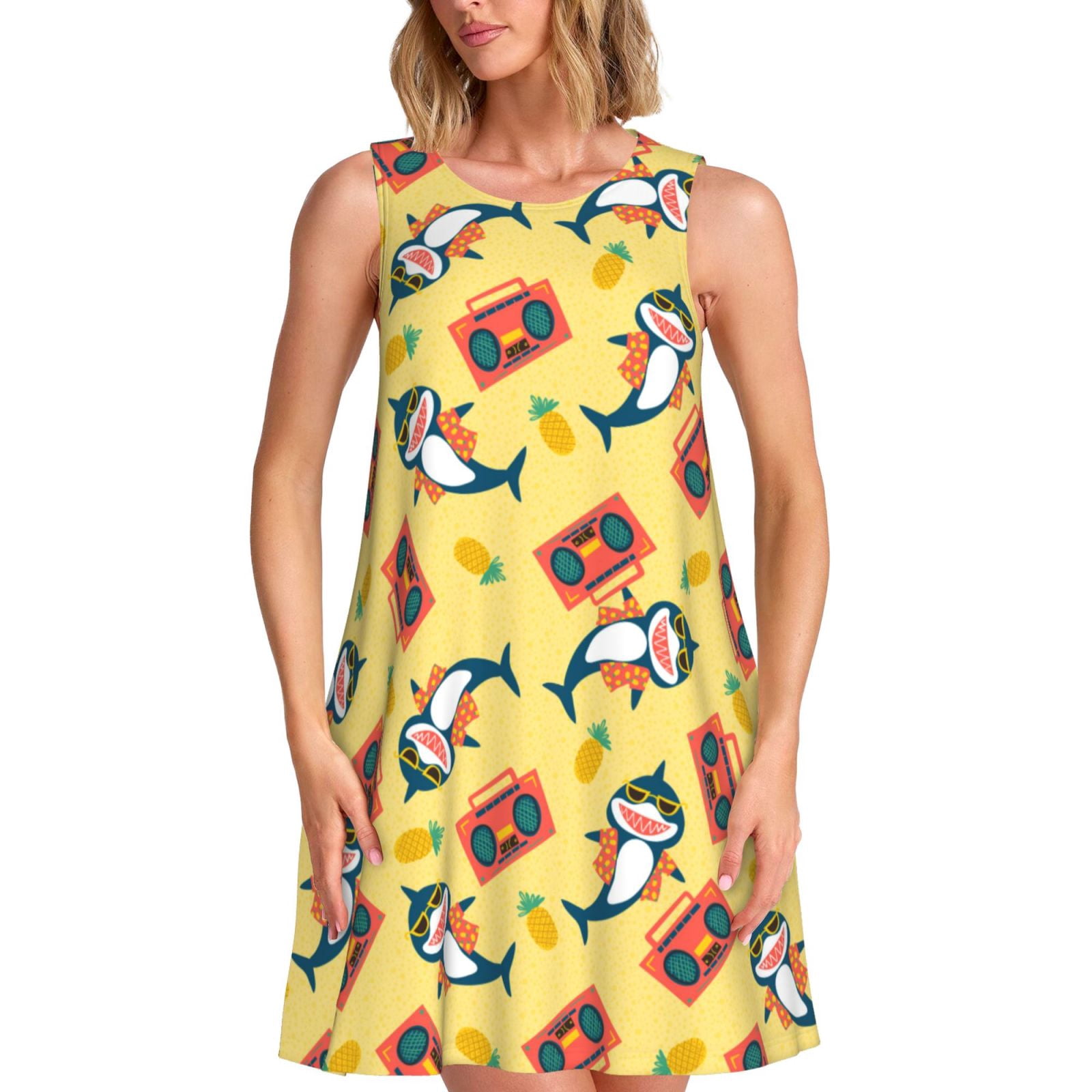 Daiia Pineapples Sharks In Hawaiian Print Women's Dresses 2025 Trendy ...