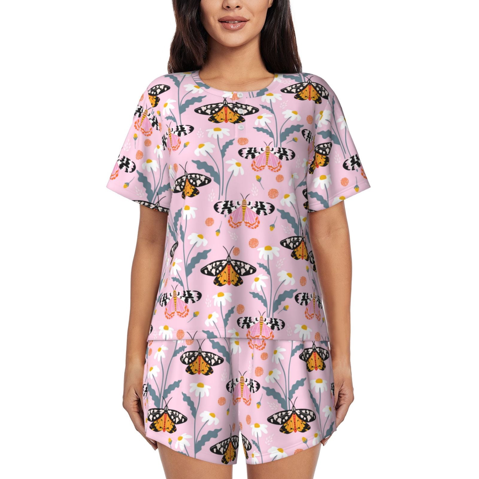 Daiia Pink Butterfly Daisy Pattern Womens Pajama Sets Short Sleeve ...
