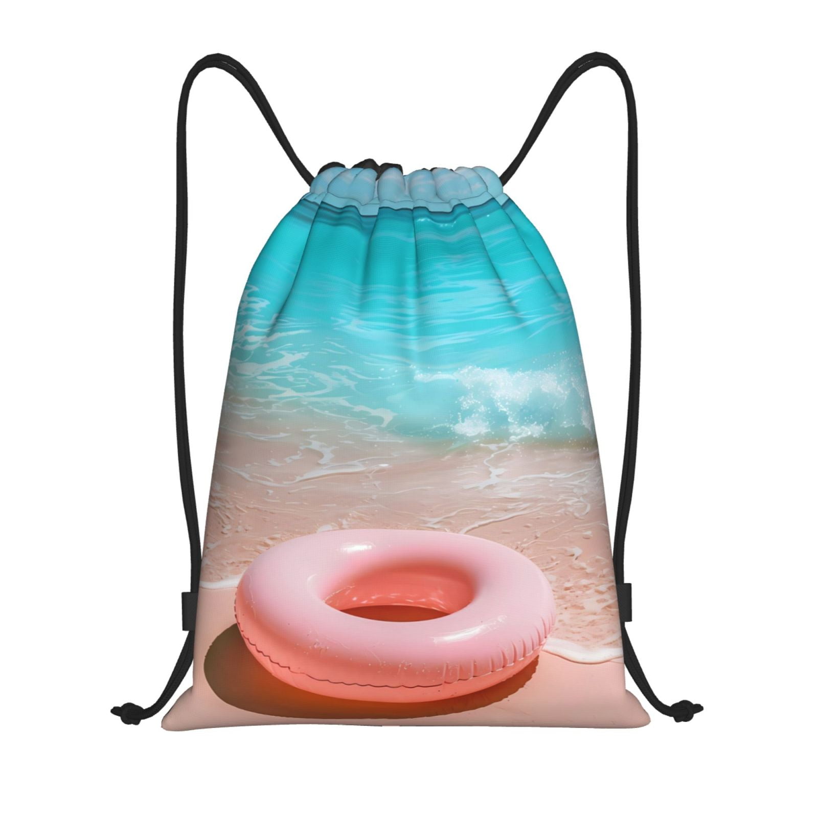 Daiia Pink Float Ring On Beach Pattern Drawstring Backpack, Gym Bag ...