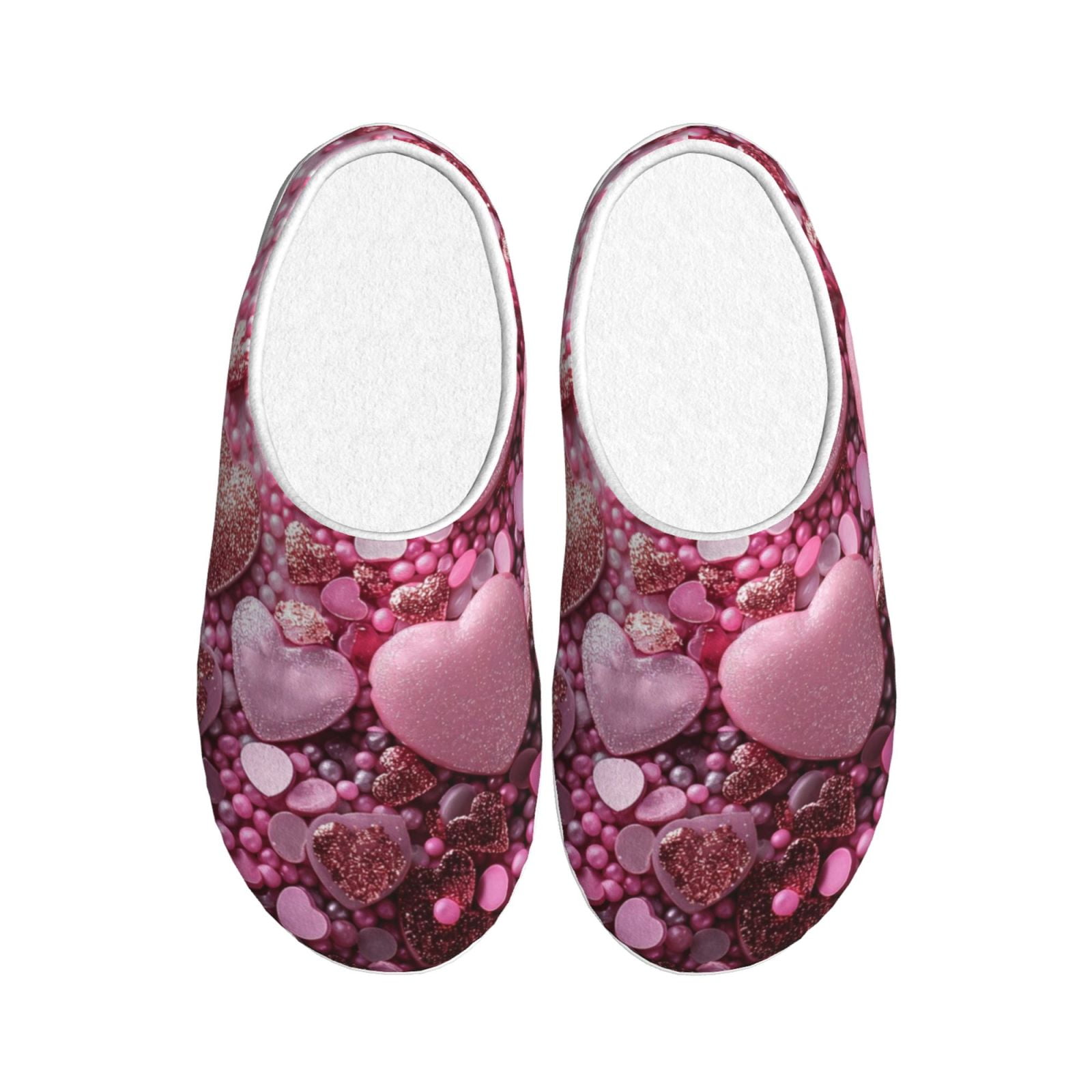 Daiia Pink Glitter Heart Candy Print Women’s Fuzzy Slippers Memory Foam ...