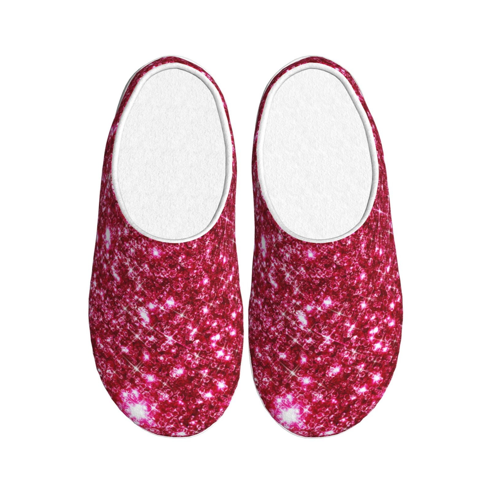 Daiia Pink Glitter Print Women’s Fuzzy Slippers Memory Foam Lightweight ...