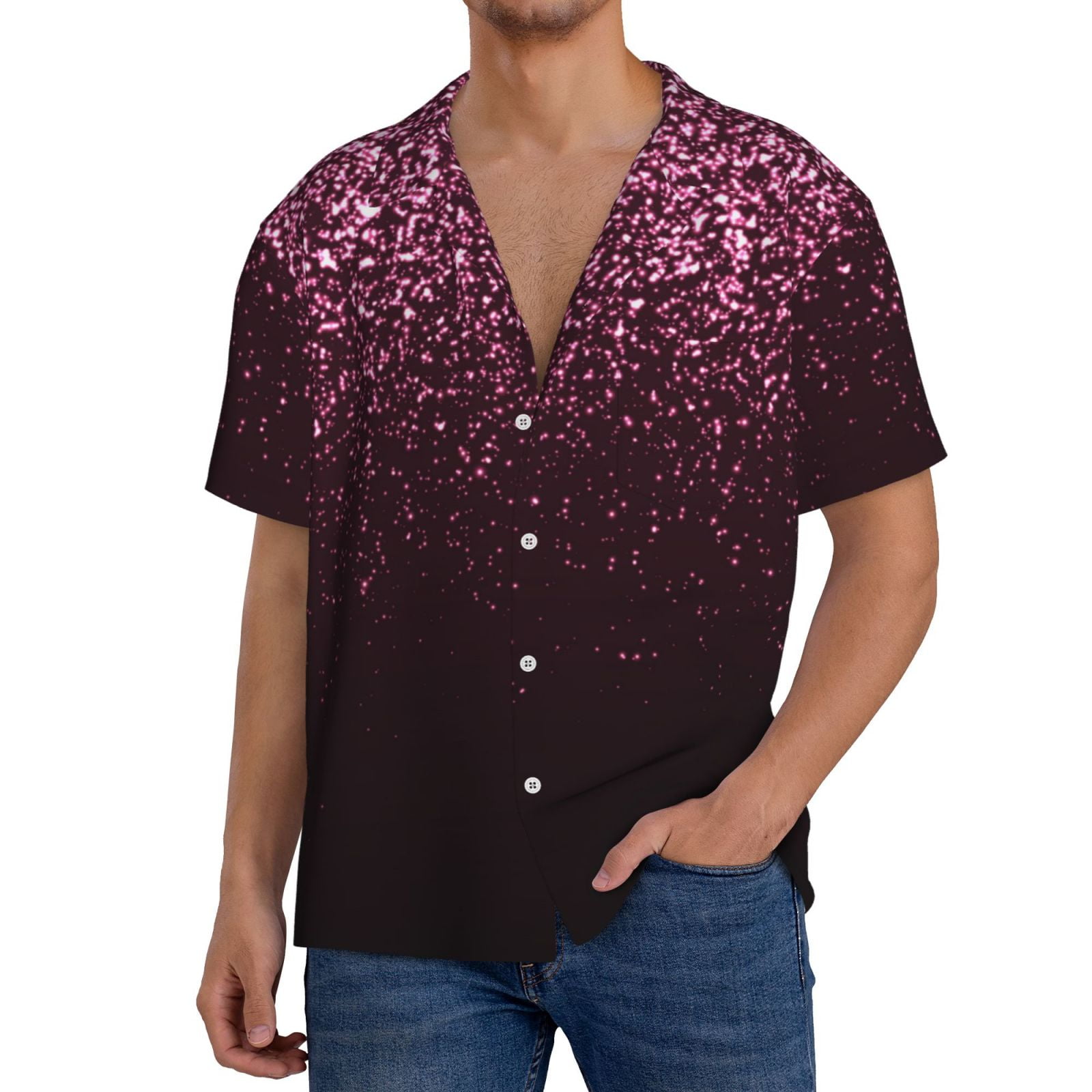 Daiia Pink Glitter Sparkles A Men's Linen Shirts Short Sleeve Casual ...