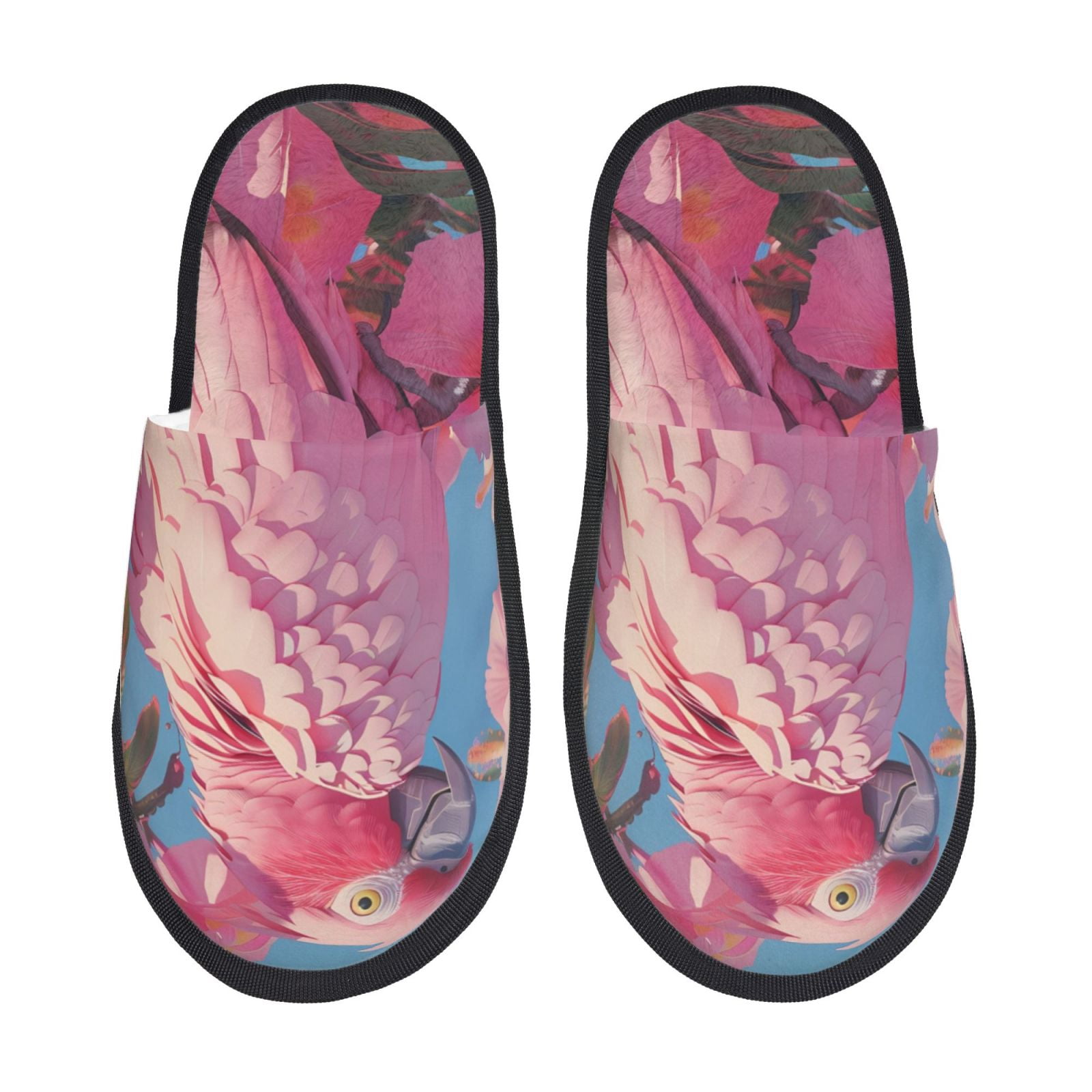Daiia Pink Parrot Tropical Blossoms Pattern Furry Slippers for Women ...