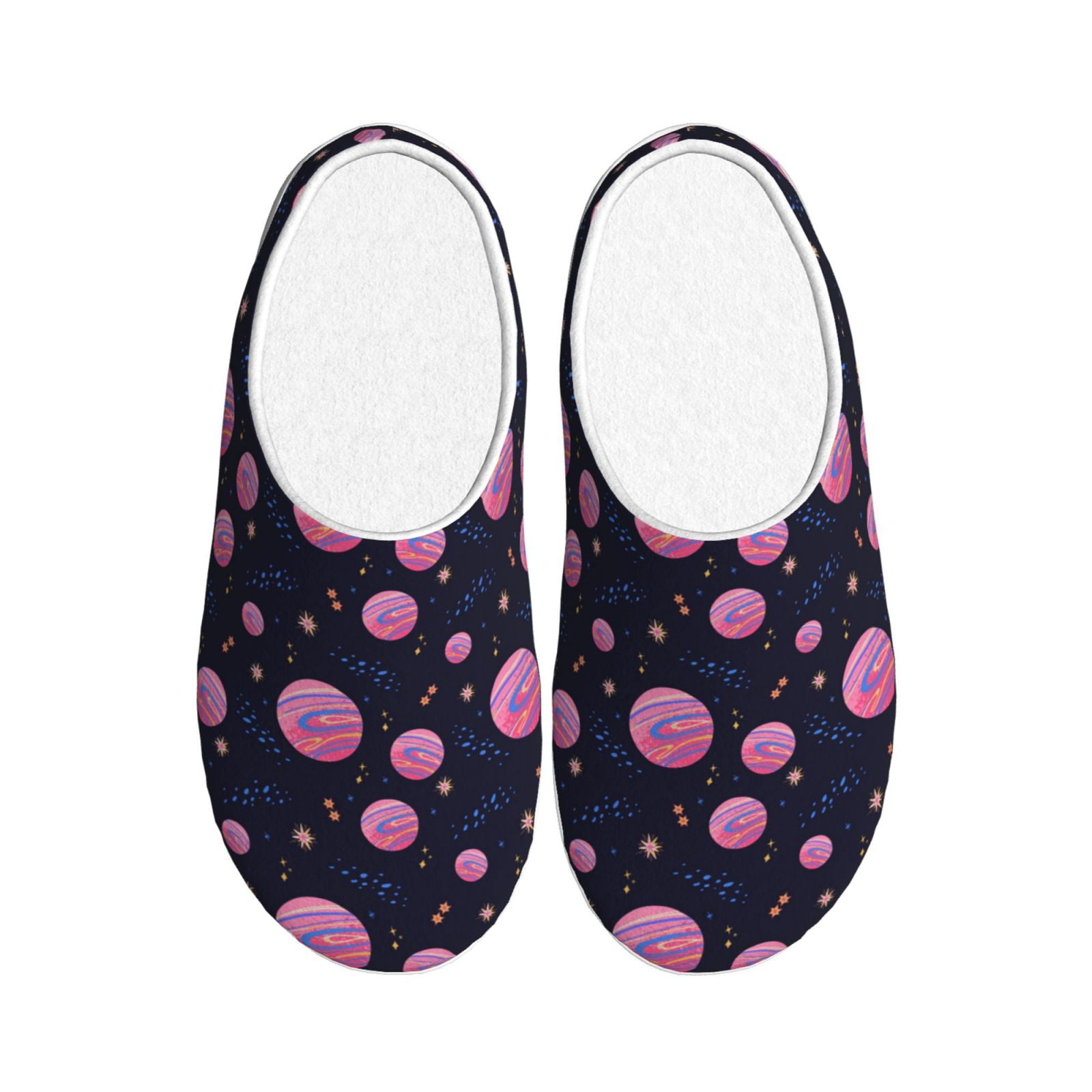 Daiia Pink Planets And Stars Print Women’s Fuzzy Slippers Memory Foam ...
