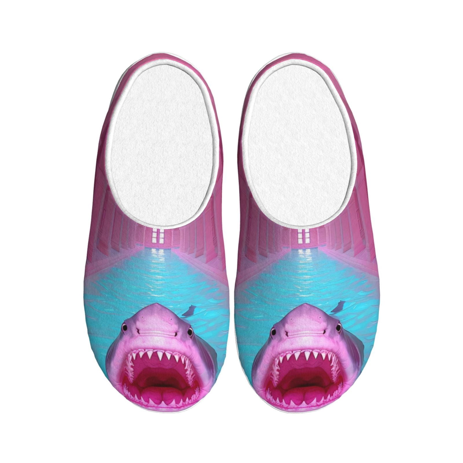 Daiia Pink Shark Pool Fantasy Print Women’s Fuzzy Slippers Memory Foam ...