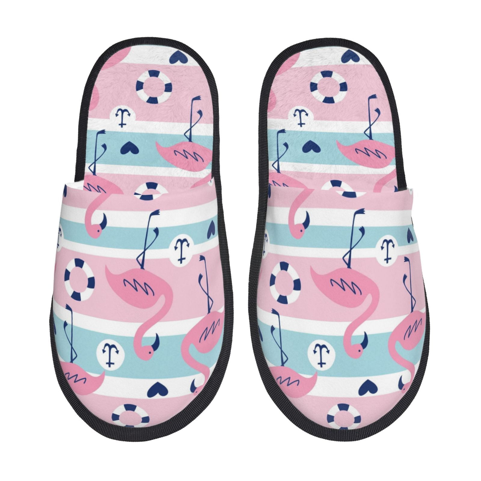 Daiia Pink Striped Flamingo Pattern Furry Slippers for Women and Men ...