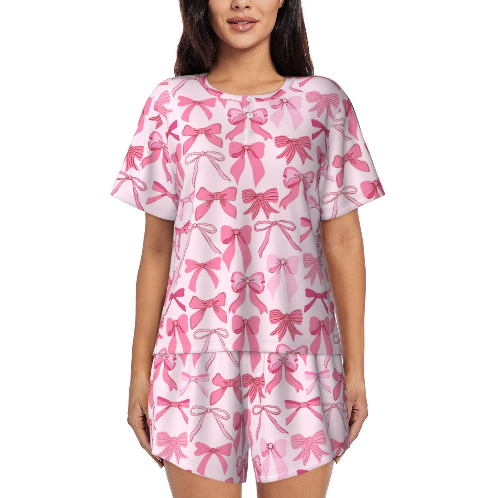 Daiia Pink bows Pattern Womens Pajama Sets Short Sleeve Pajamas for ...