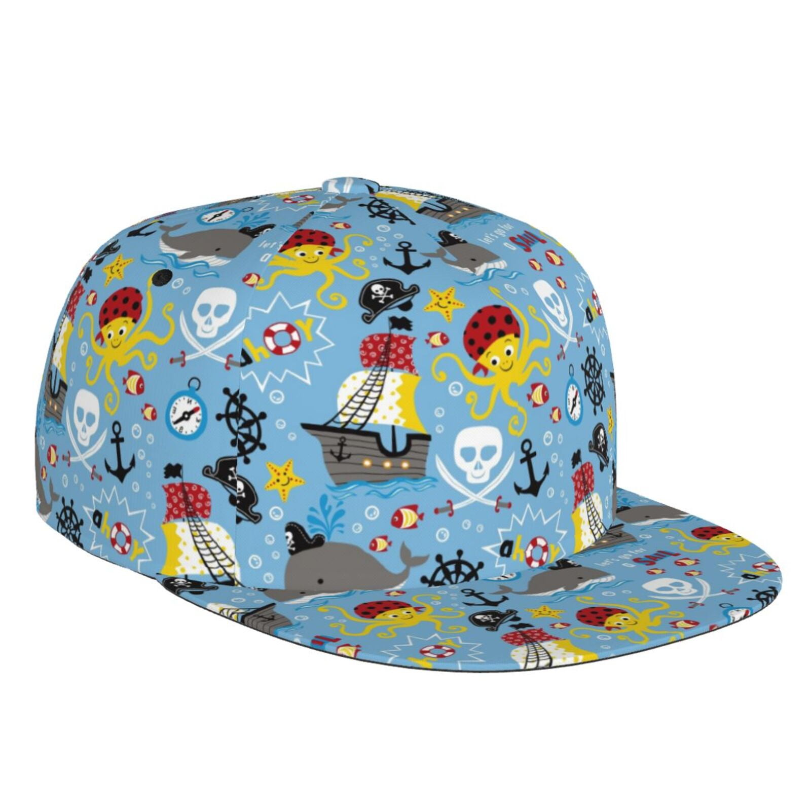 Daiia Pirate Marine Animals print Flat Bill Hats Flat Brim Trucker Cap ...