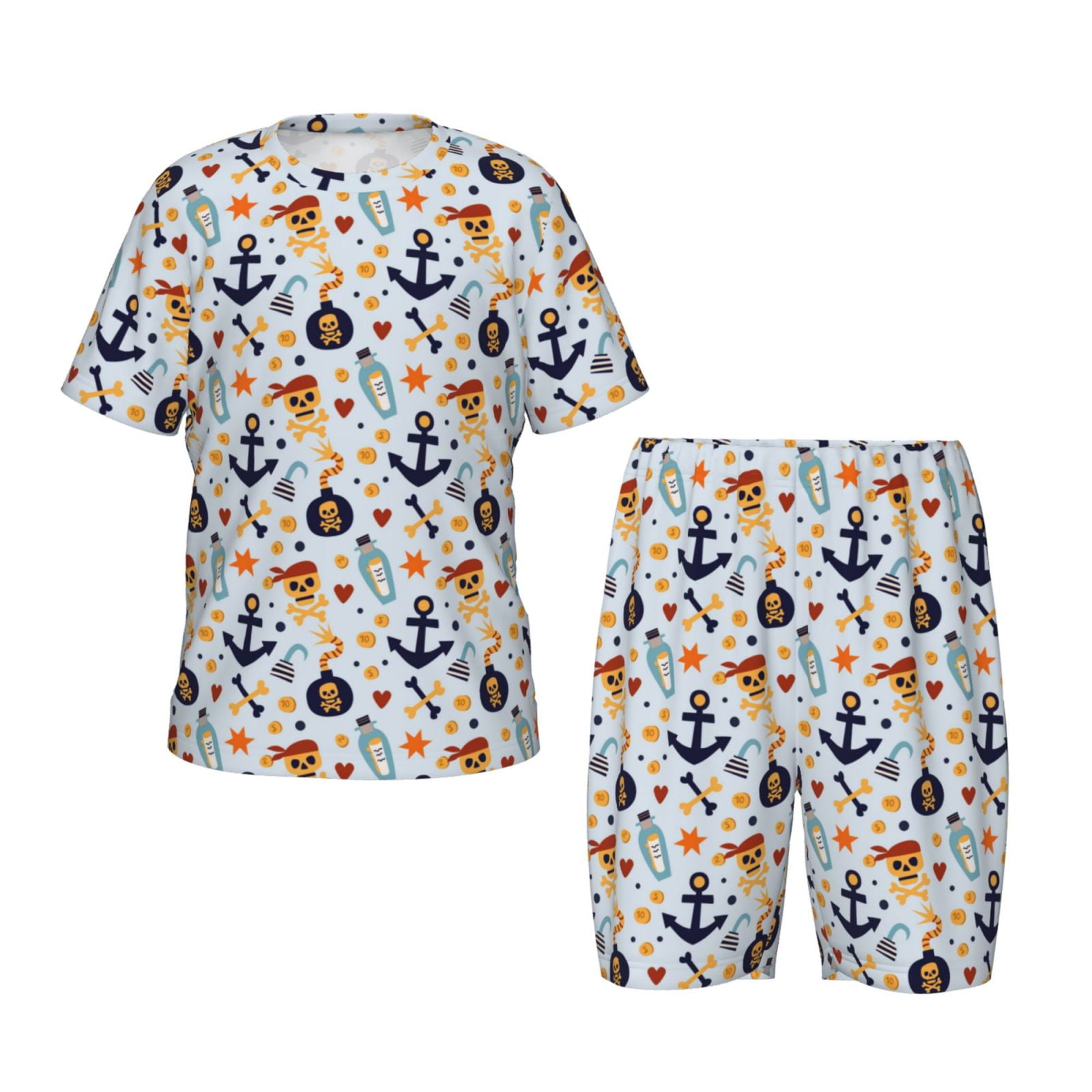 Daiia Pirate Skull And Anchor Print Children’s Cotton Pajama Set – Short-Sleeved Top & Shorts ...