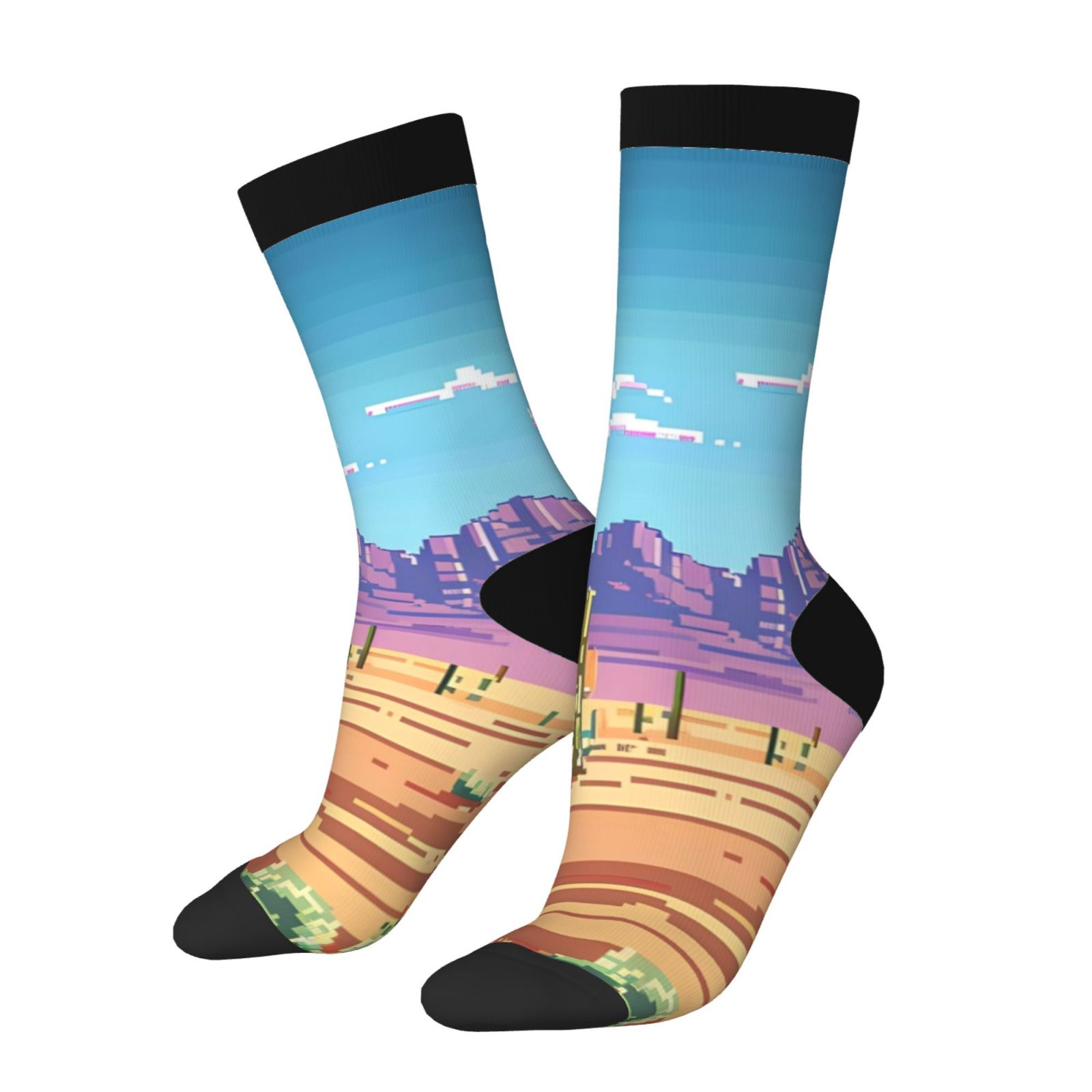 Daiia Pixel Desert Landscape Print Crew Socks – Soft Breathable Long ...