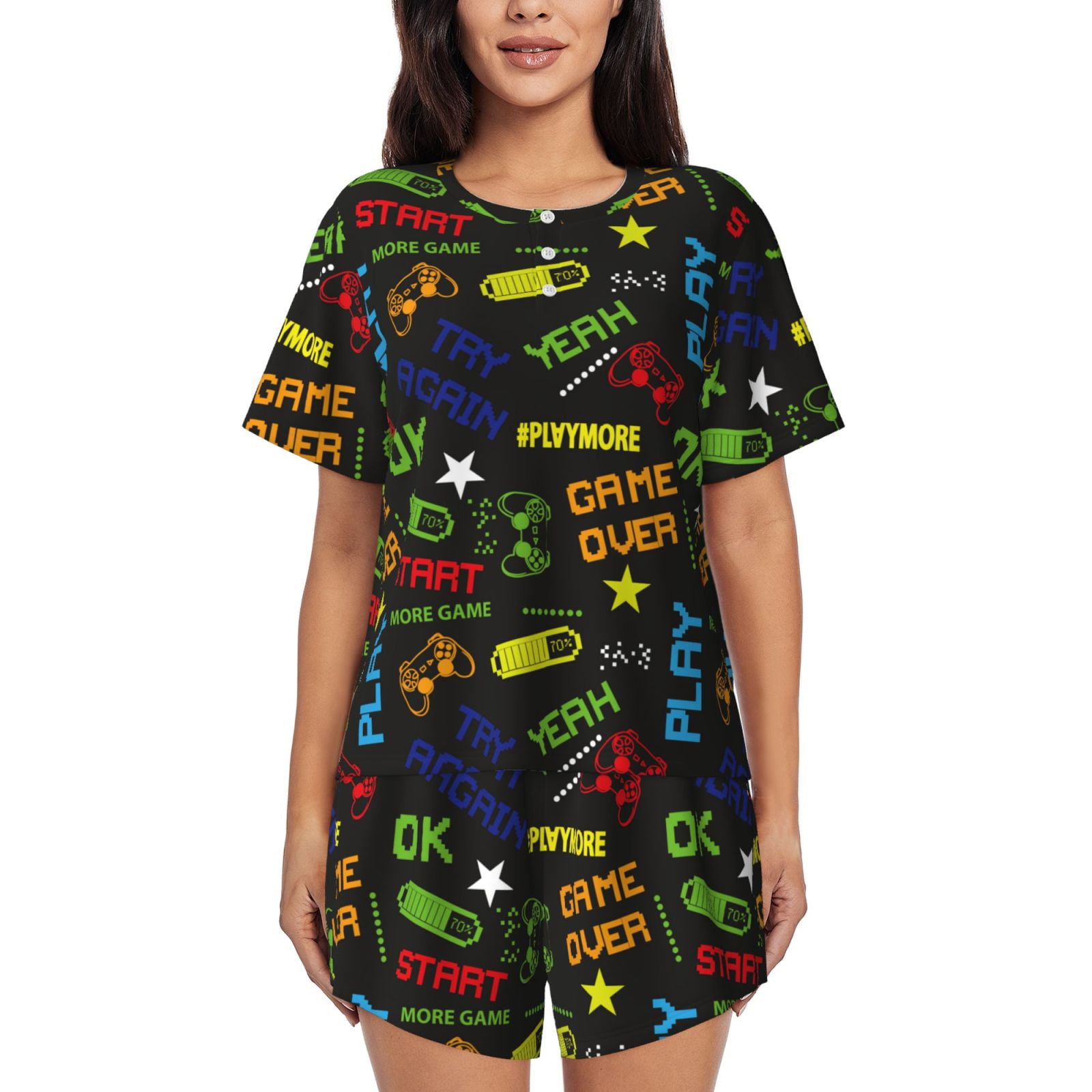 Daiia Pixel Game Pattern Womens Pajama Sets Short Sleeve Pajamas for ...