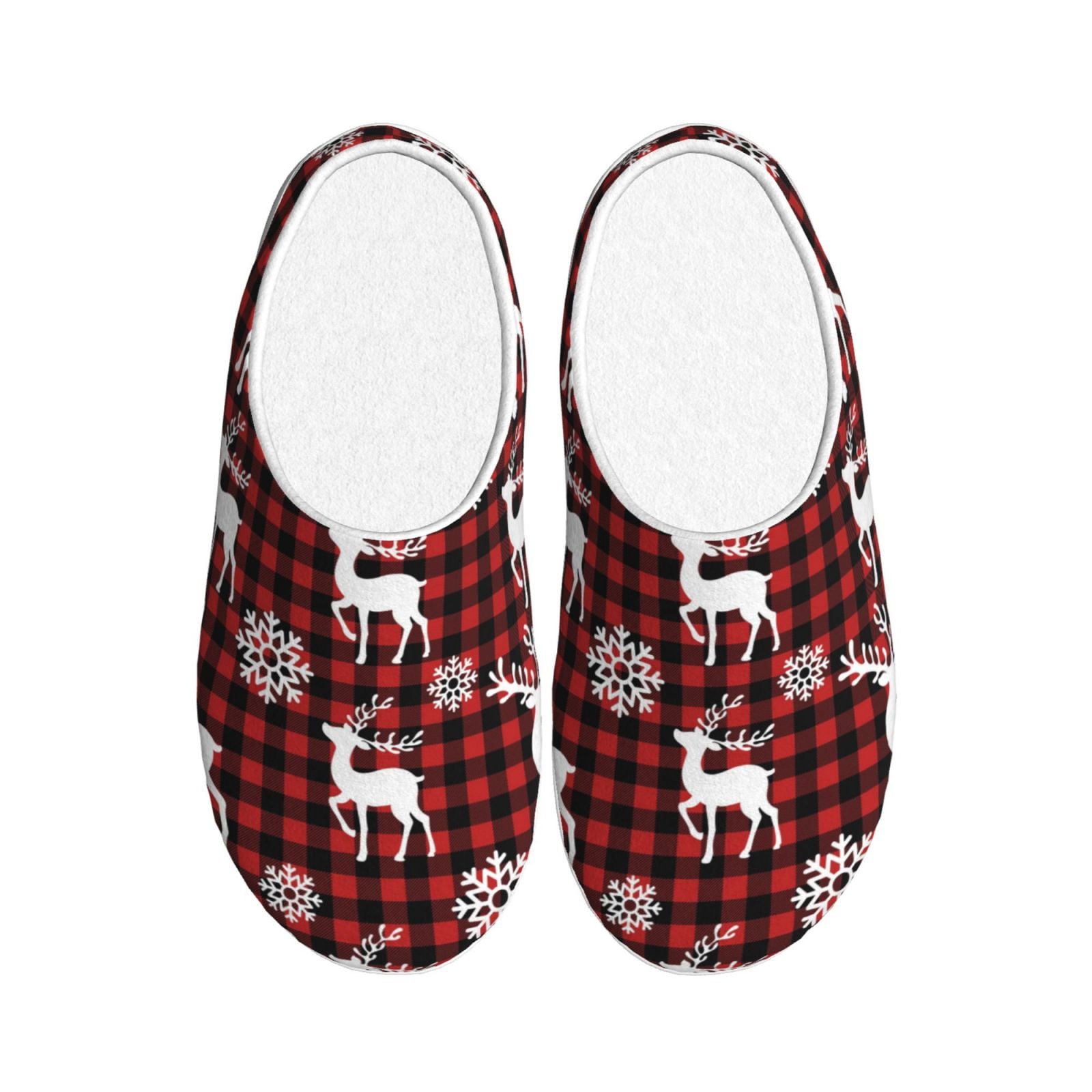 Daiia Plaid Reindeer Snowflakes Print Women’s Fuzzy Slippers Memory ...